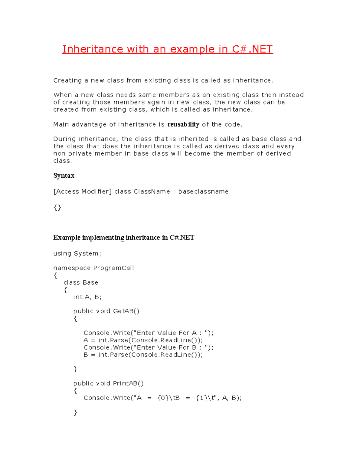Stude Inheritance with an example in C - NET Creating a new class from existing class is called ...