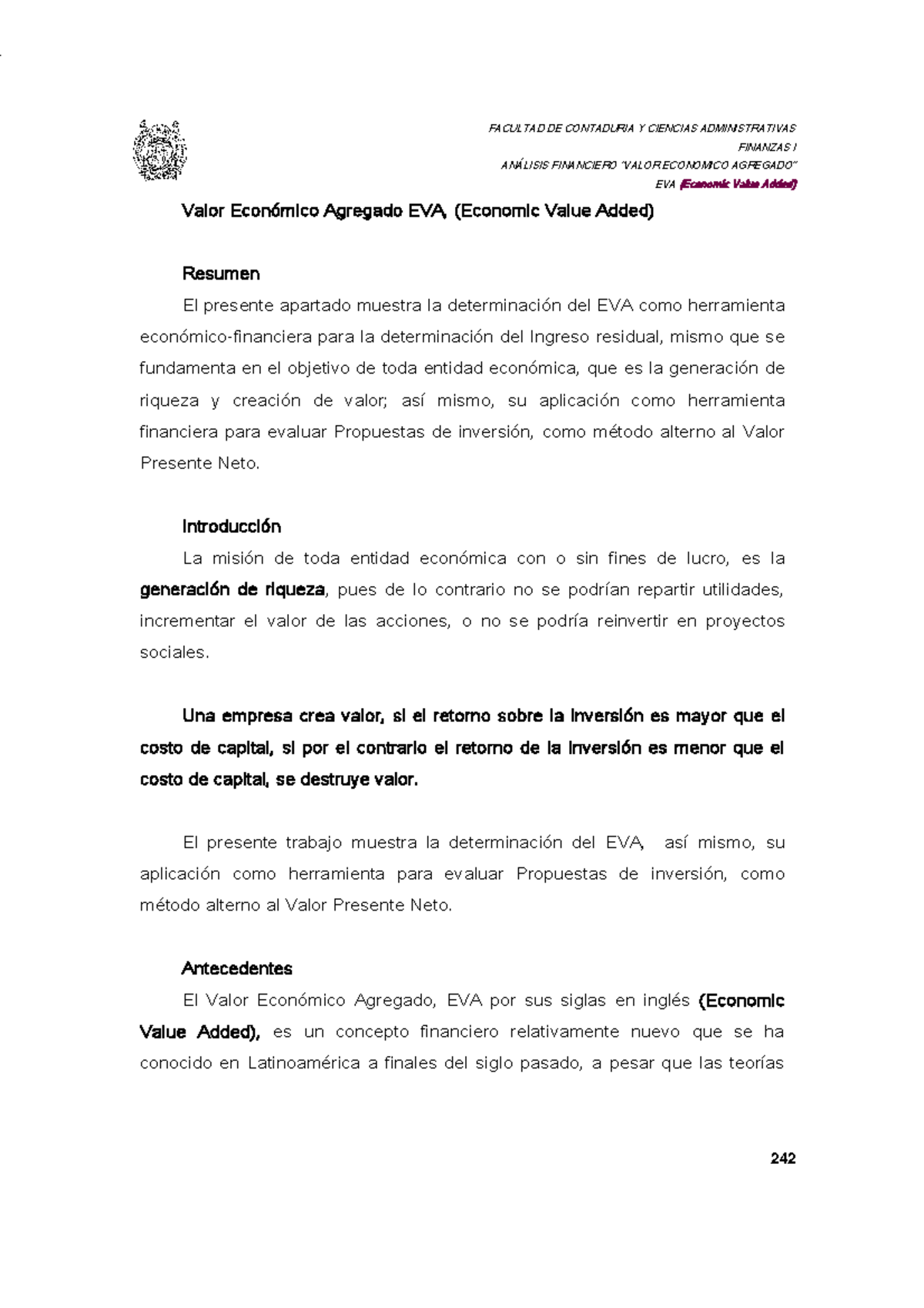 Tema: Valor Económico Agregado EVA, (Economic Value Added) - FACULTAD ...