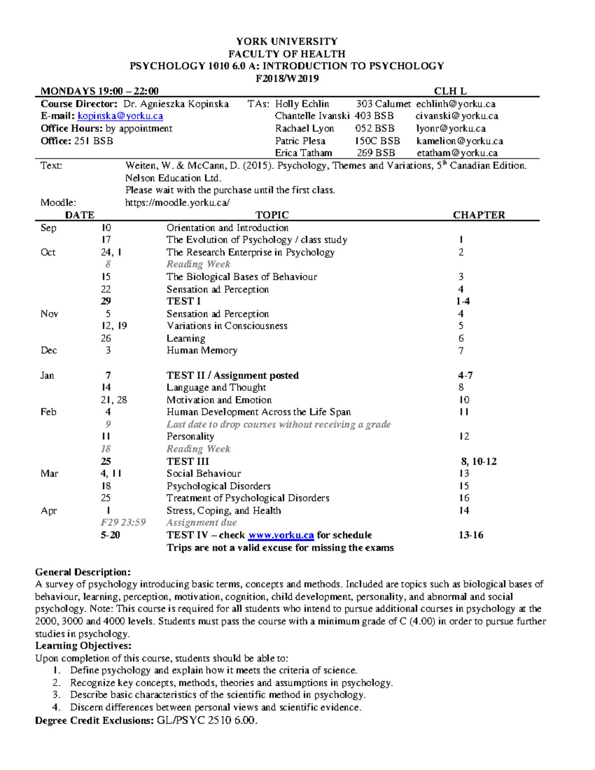 Course Outline - YORK UNIVERSITY FACULTY OF HEALTH PSYCHOLOGY 1010 6 A ...