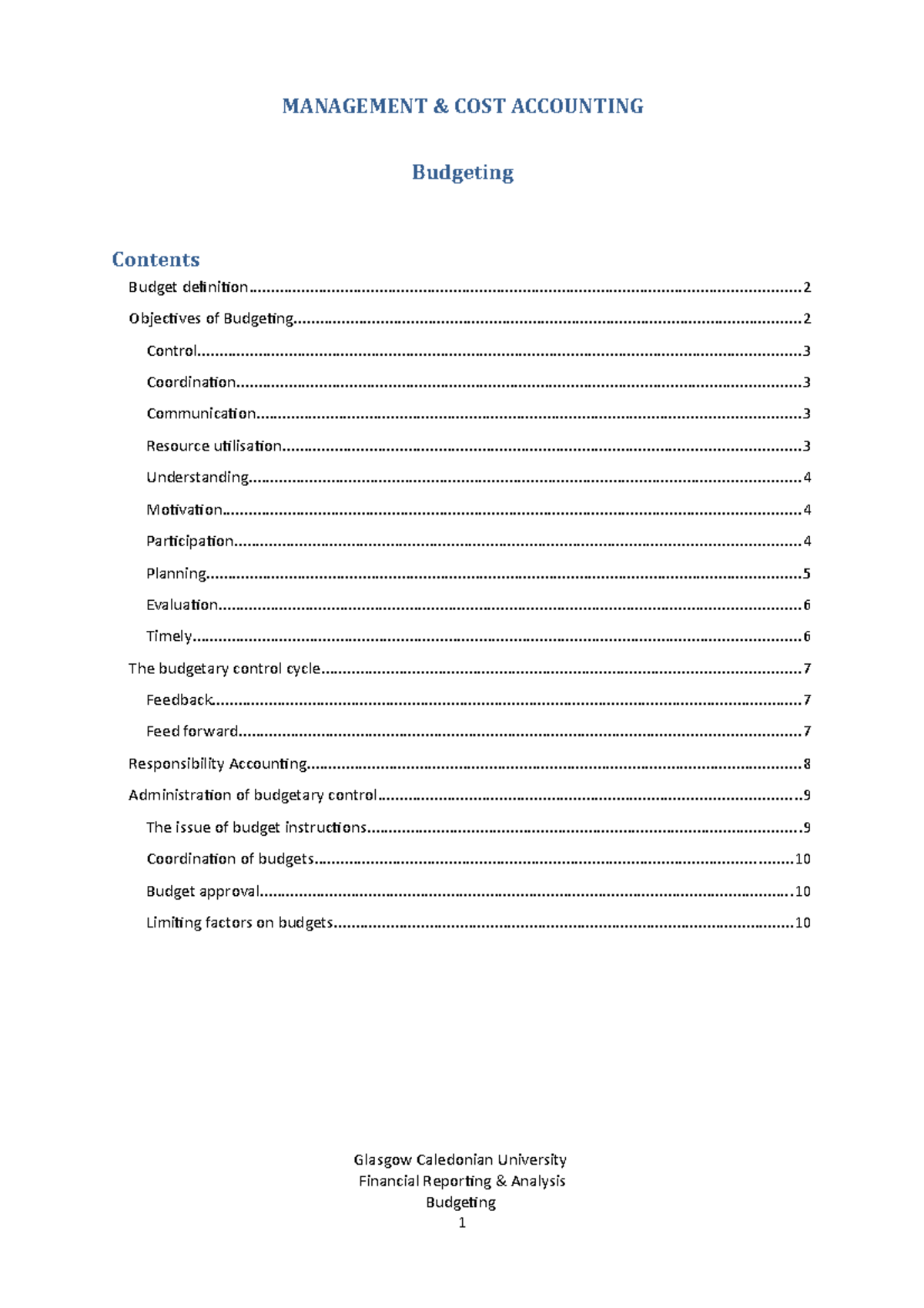 Budgeting Full Summary Notes - Budgeting Objecives of - Studocu