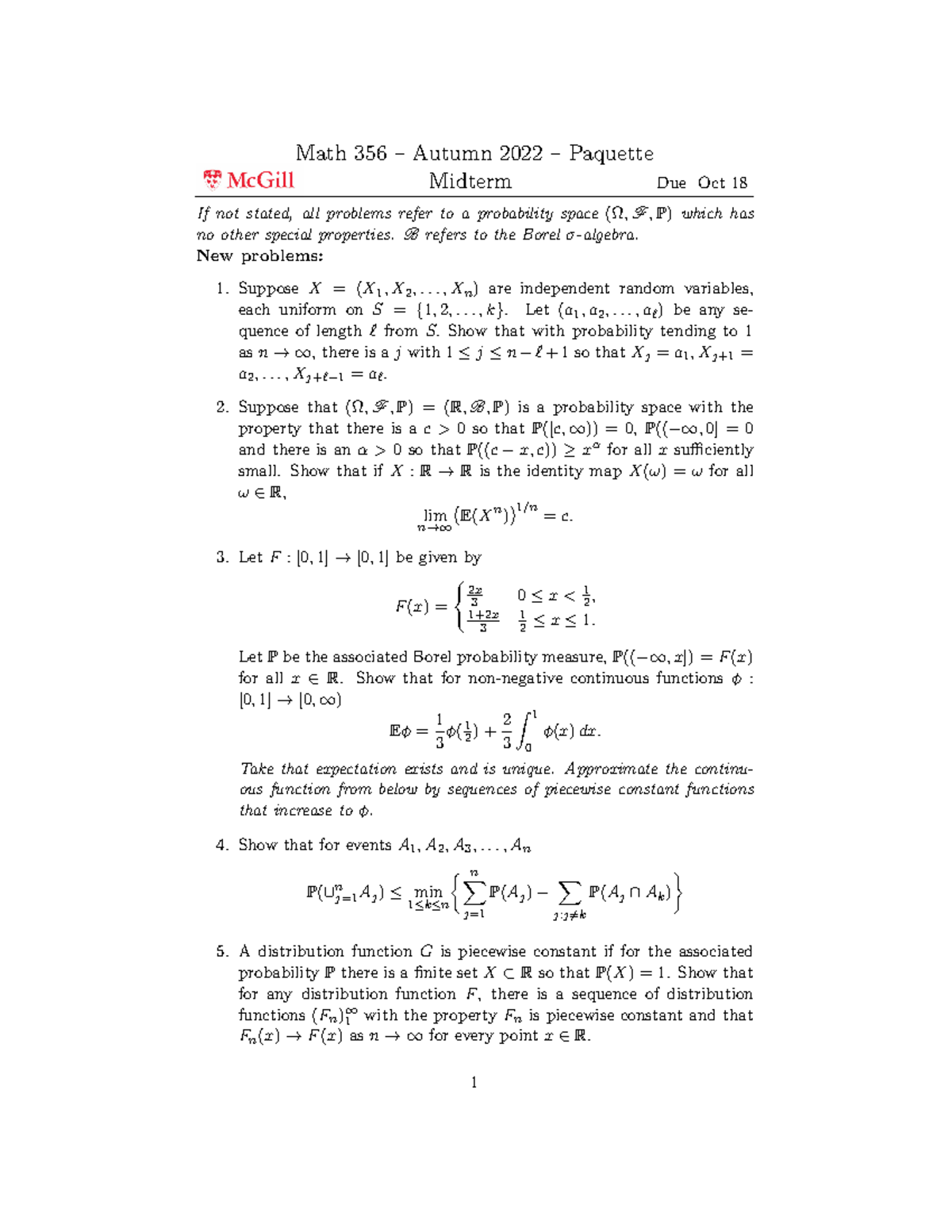 Midterm - Math 356 – Autumn 2022 – Paquette Midterm Due Oct 18 If not ...