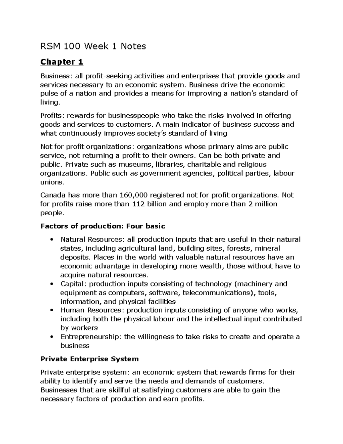 RSM 100 Chapter 1 and 3 Notes - RSM 100 Week 1 Notes Chapter 1 Business ...