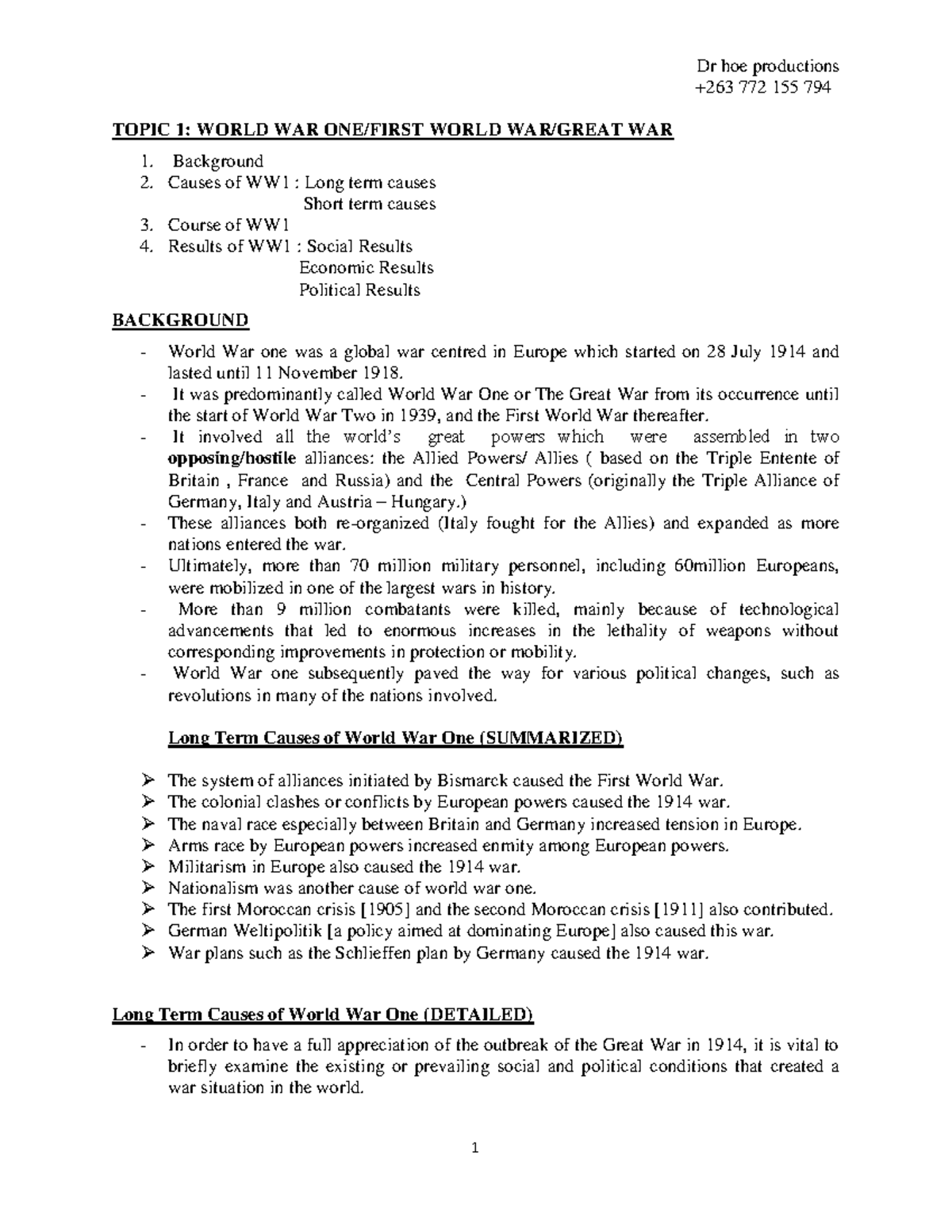 1.1 Causes OF WW1 - +263 772 155 794 TOPIC 1: WORLD WAR ONE/FIRST WORLD ...