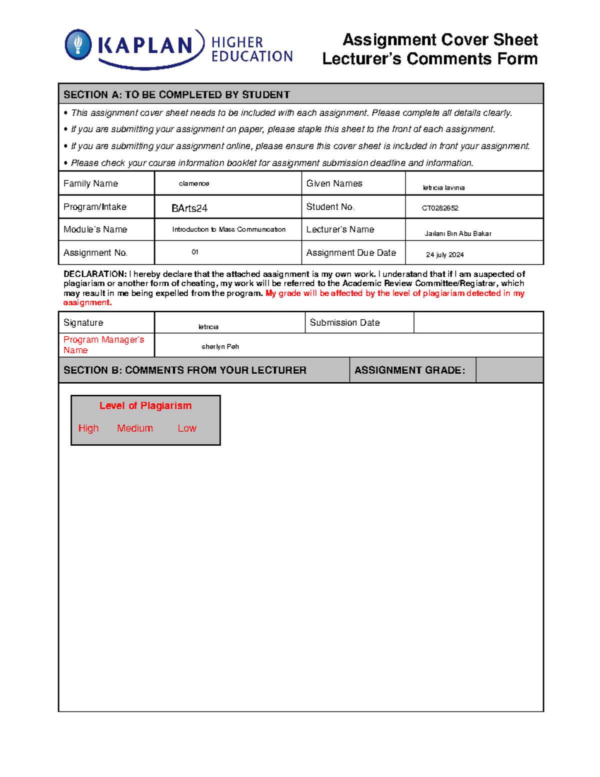 Assignment Cover Sheet - Assignment Cover Sheet Lecturer’s Comments ...