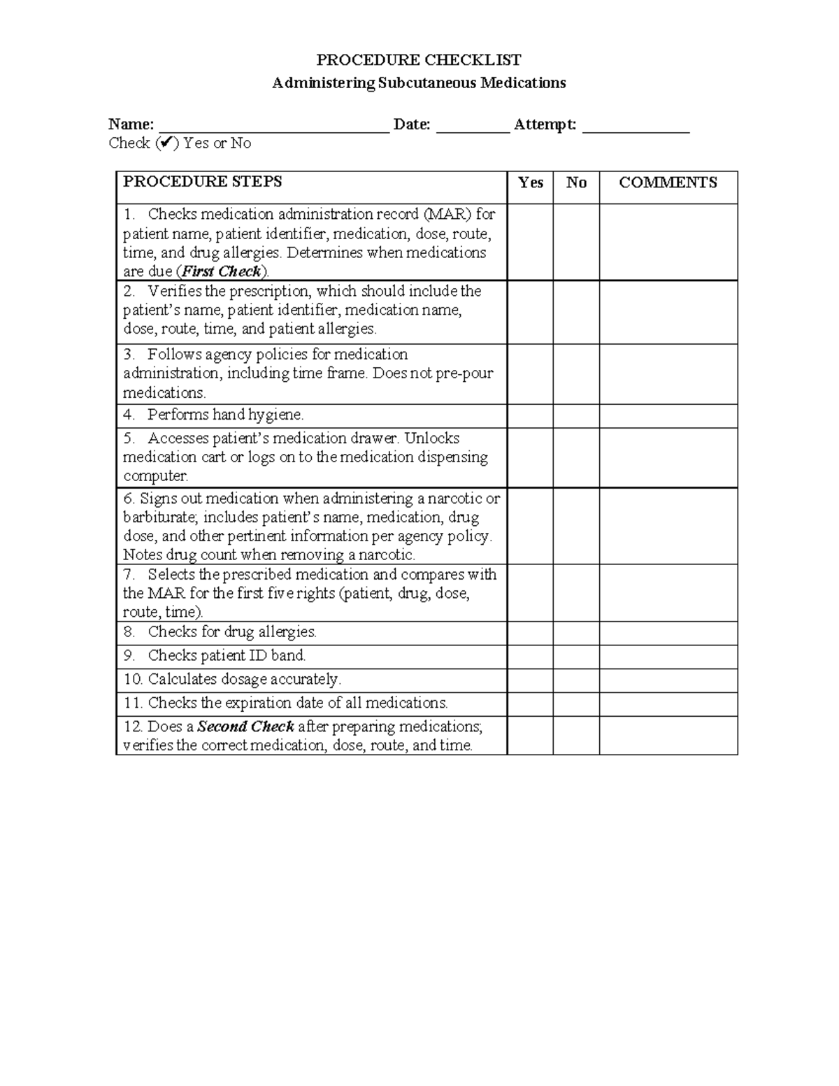 Administering Subcutaneous Medications - PROCEDURE CHECKLIST ...