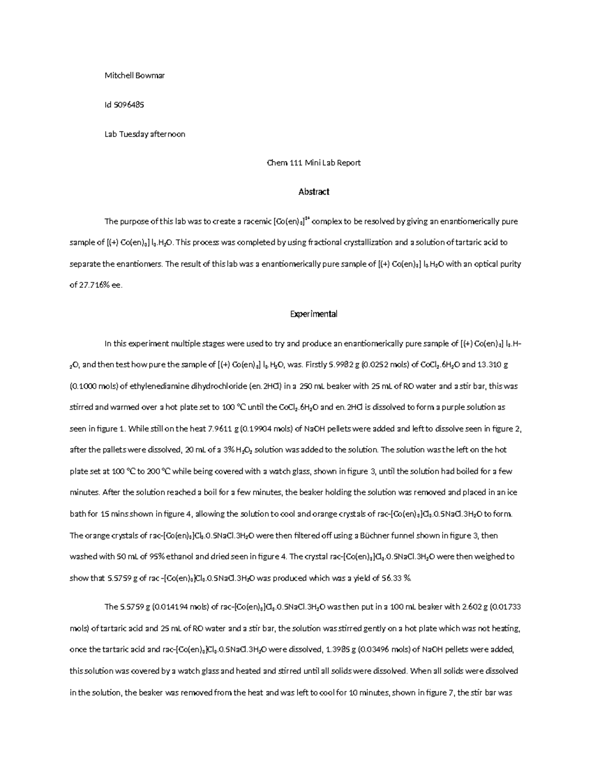 Chem mini lab - Mitchell Bowmar Id 5096485 Lab Tuesday afternoon Chem ...