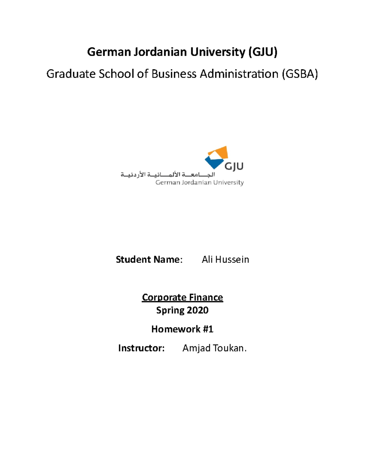 Corporate Finance HW1 - Ali Hussein - German Jordanian University (GJU ...