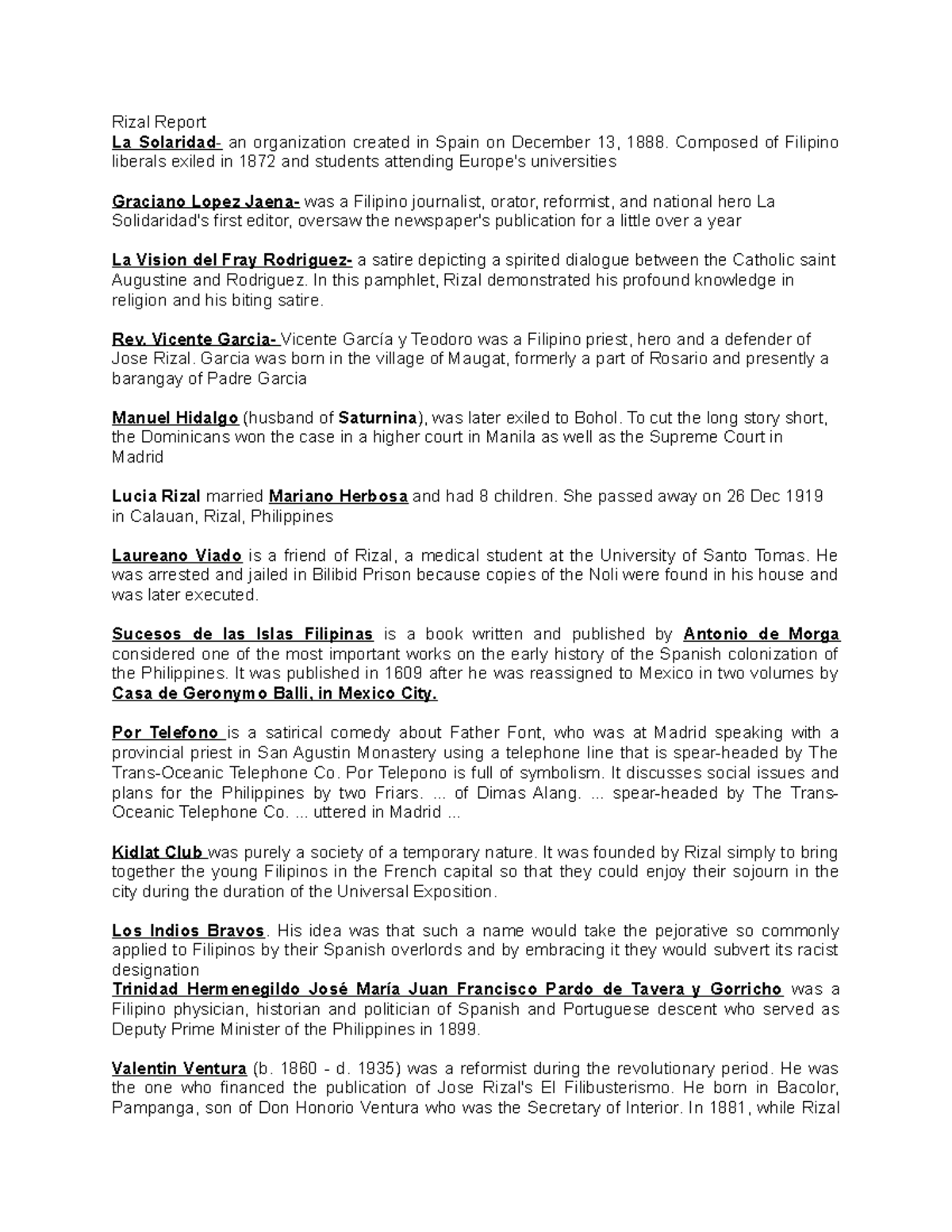 Rizal Report - Rizal Report La Solaridad- an organization created in ...