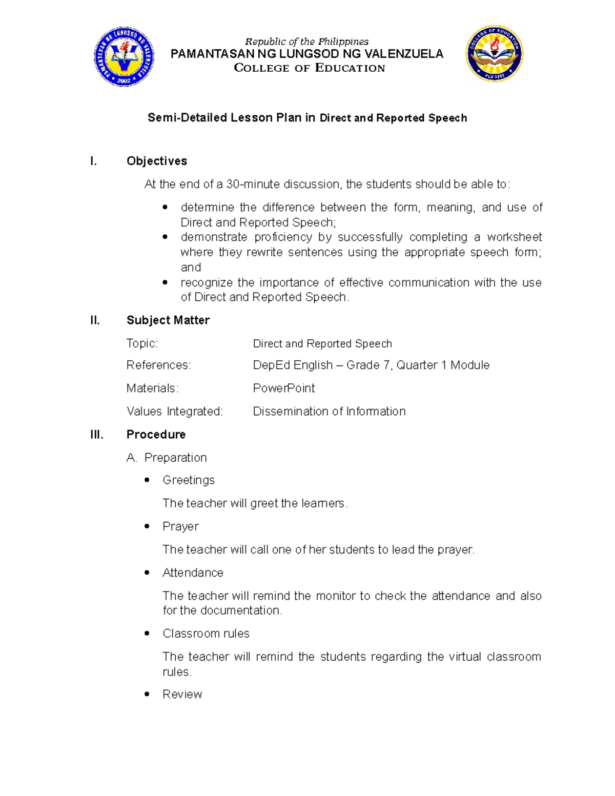 SEMI Detailed Lesson PLAN Template - Republic of the Philippines ...