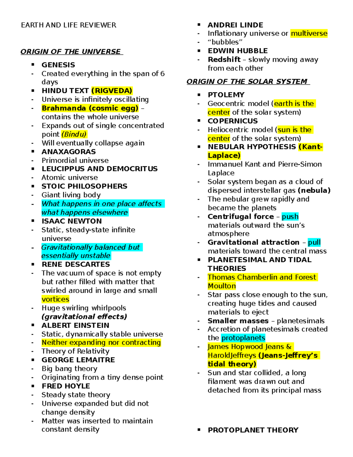Earth AND LIFE Reviewer - EARTH AND LIFE REVIEWER ORIGIN OF THE ...