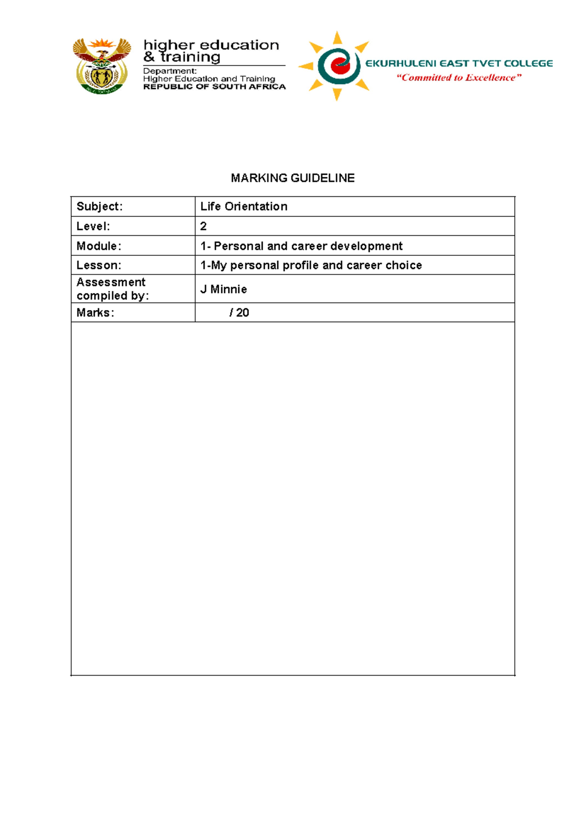 L2 Module 1 Lesson 1 Marking Guideline 2 - MARKING GUIDELINE Subject ...