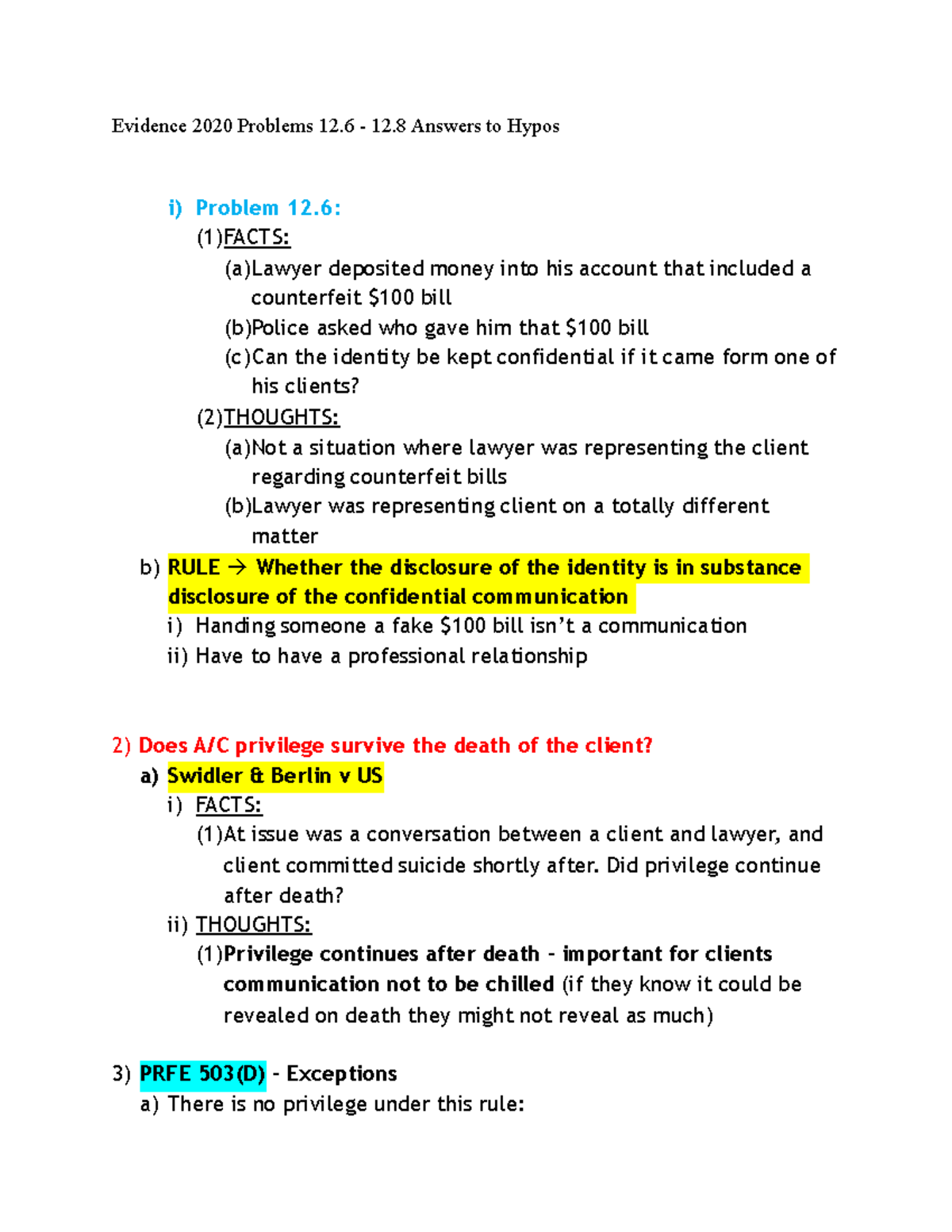 Evidence 2020 Problems 12.6 - 12.8 Answers to Hypos - Evidence 2020 ...