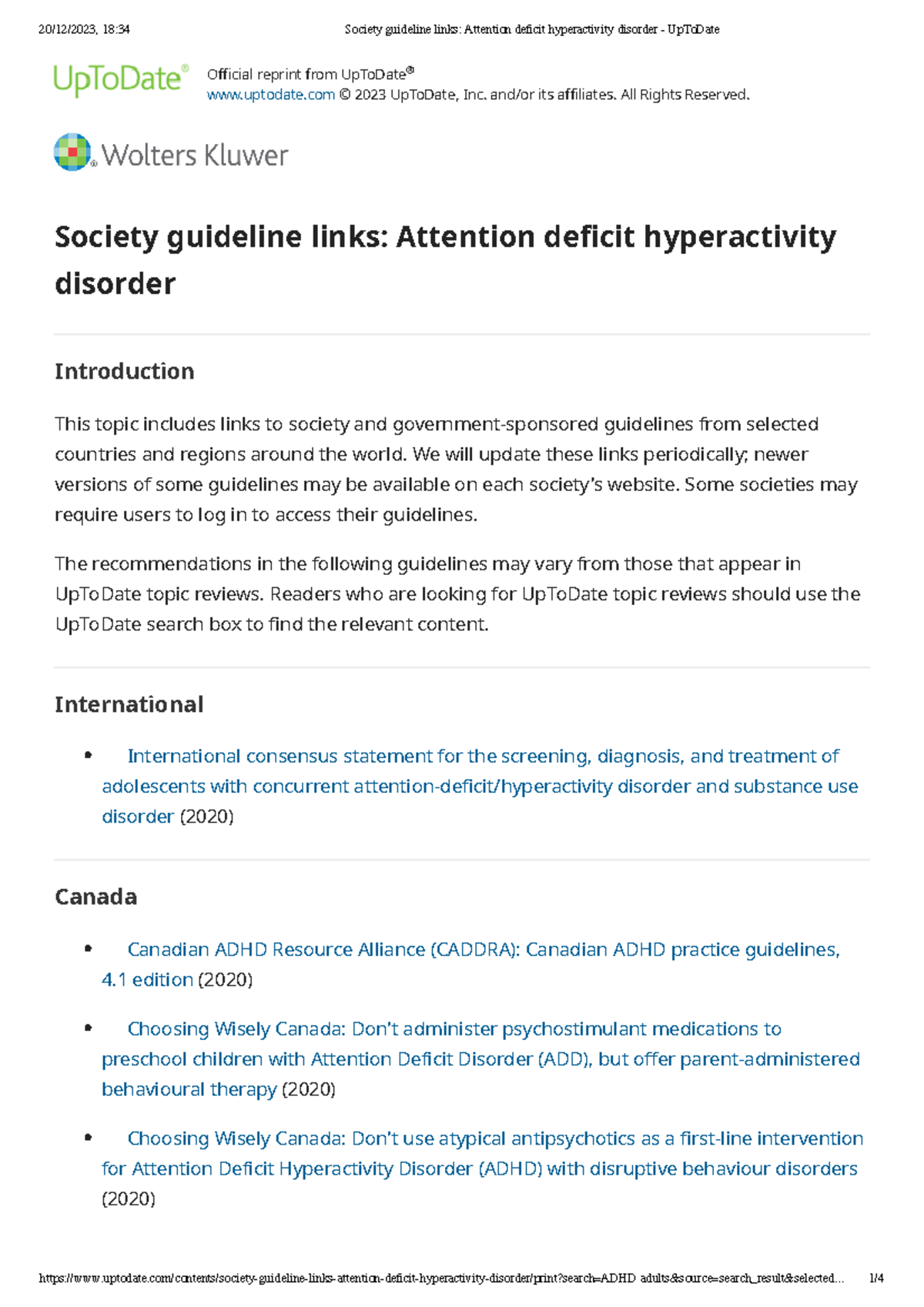 Society guideline links Attention deficit hyperactivity disorder - Up To Date - Official reprint ...