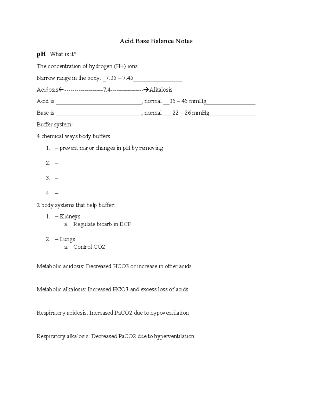 Acid Base Balance Notes - – prevent major changes in pH by removing 2 ...