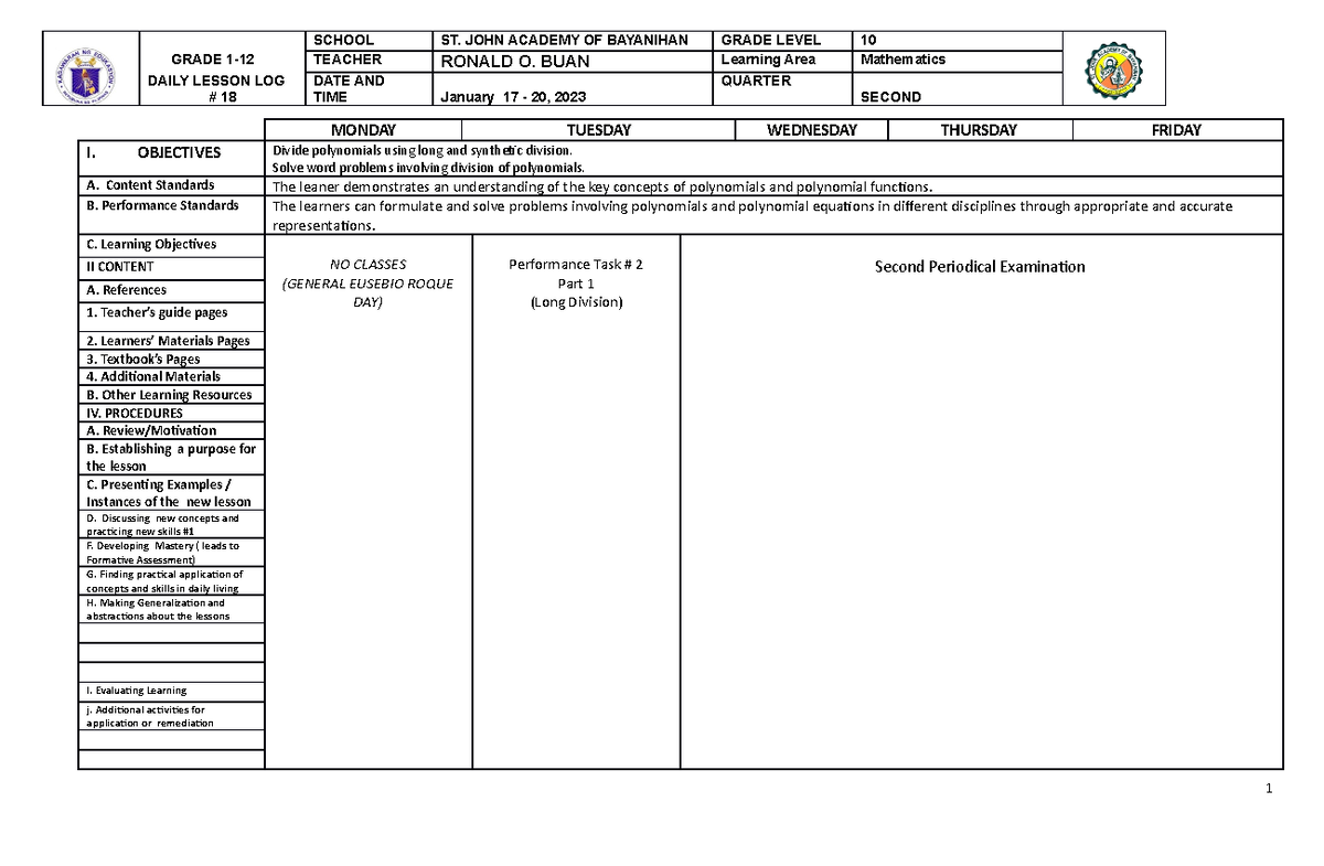 Math 10 W18 DLL - Daily lesson log for math 10 - SCHOOL ST. JOHN ...