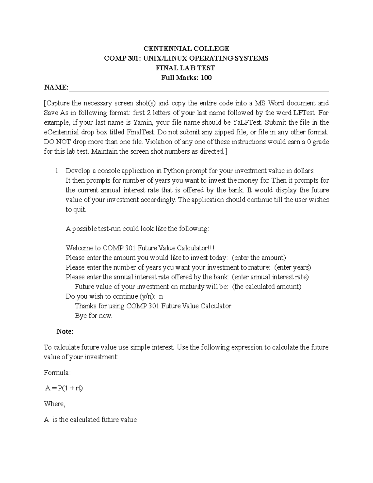 Final Lab Test301 - CENTENNIAL COLLEGE COMP 301: UNIX/LINUX OPERATING ...