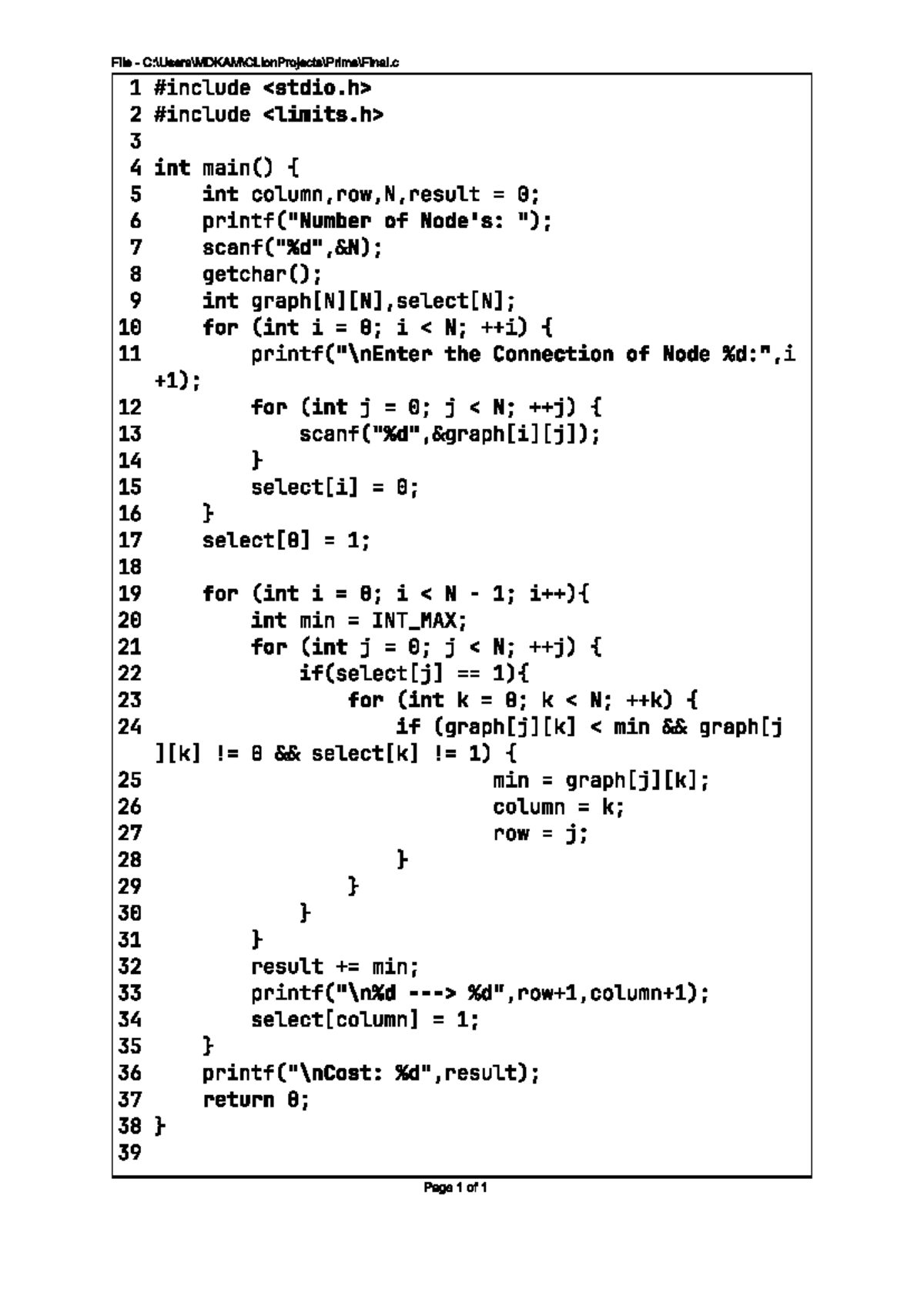 Practical C code for ADA LAB 2 - File 1 2 3 4 int main () 5 int column, row, N, result 6 printf ...