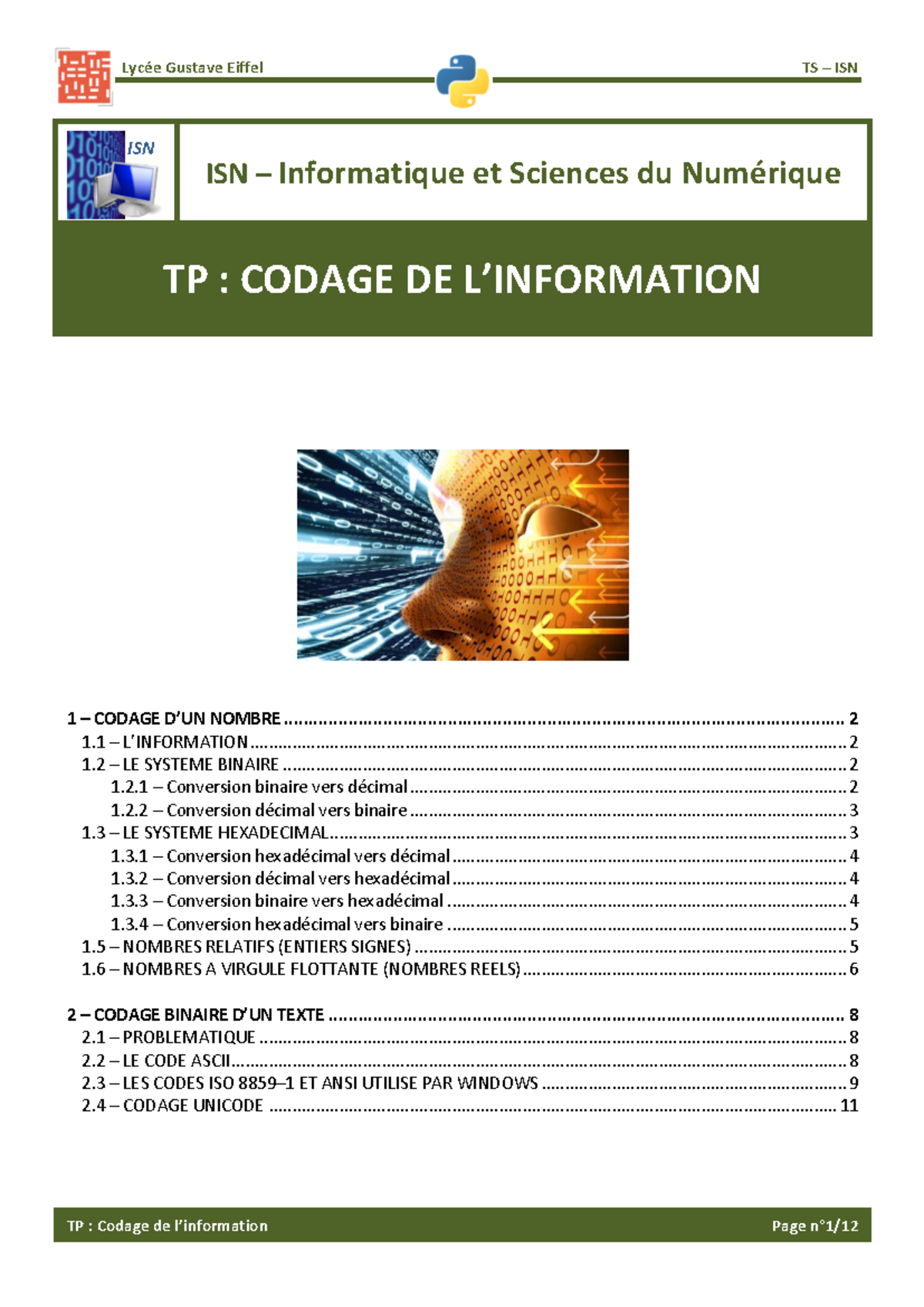 TP1 Codage de linformation - ISN – Informatique et Sciences du ...