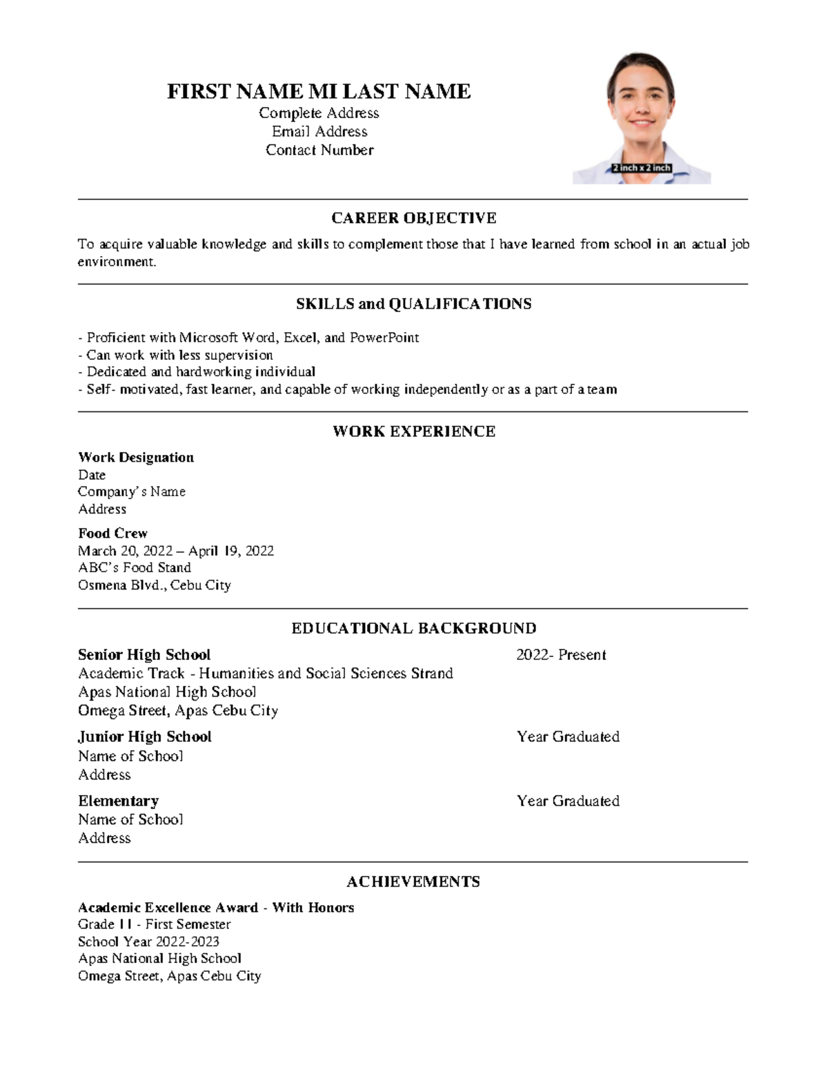 Resume Sample - FIRST NAME MI LAST NAME Complete Address Email Address ...