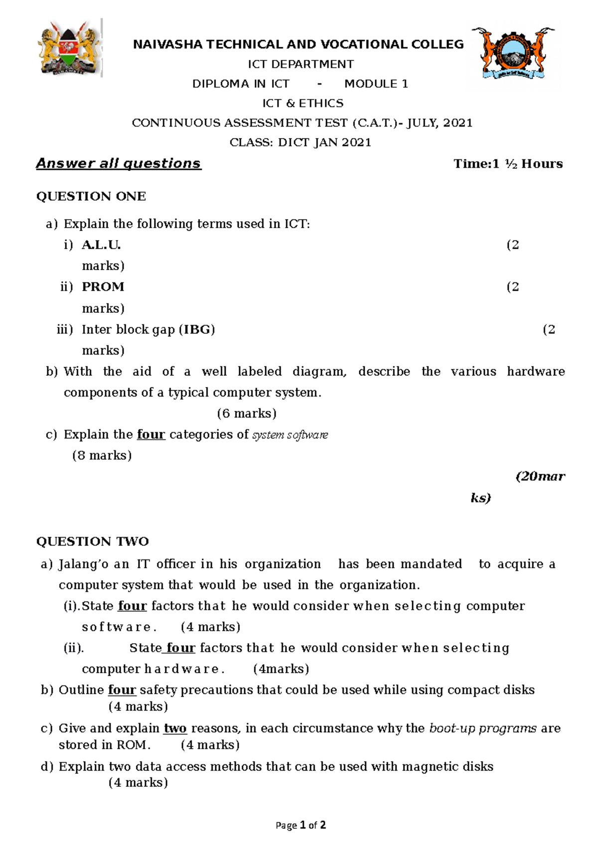 DICT2021 ICT AND E CAT - NAIVASHA TECHNICAL AND VOCATIONAL COLLEGE ICT ...