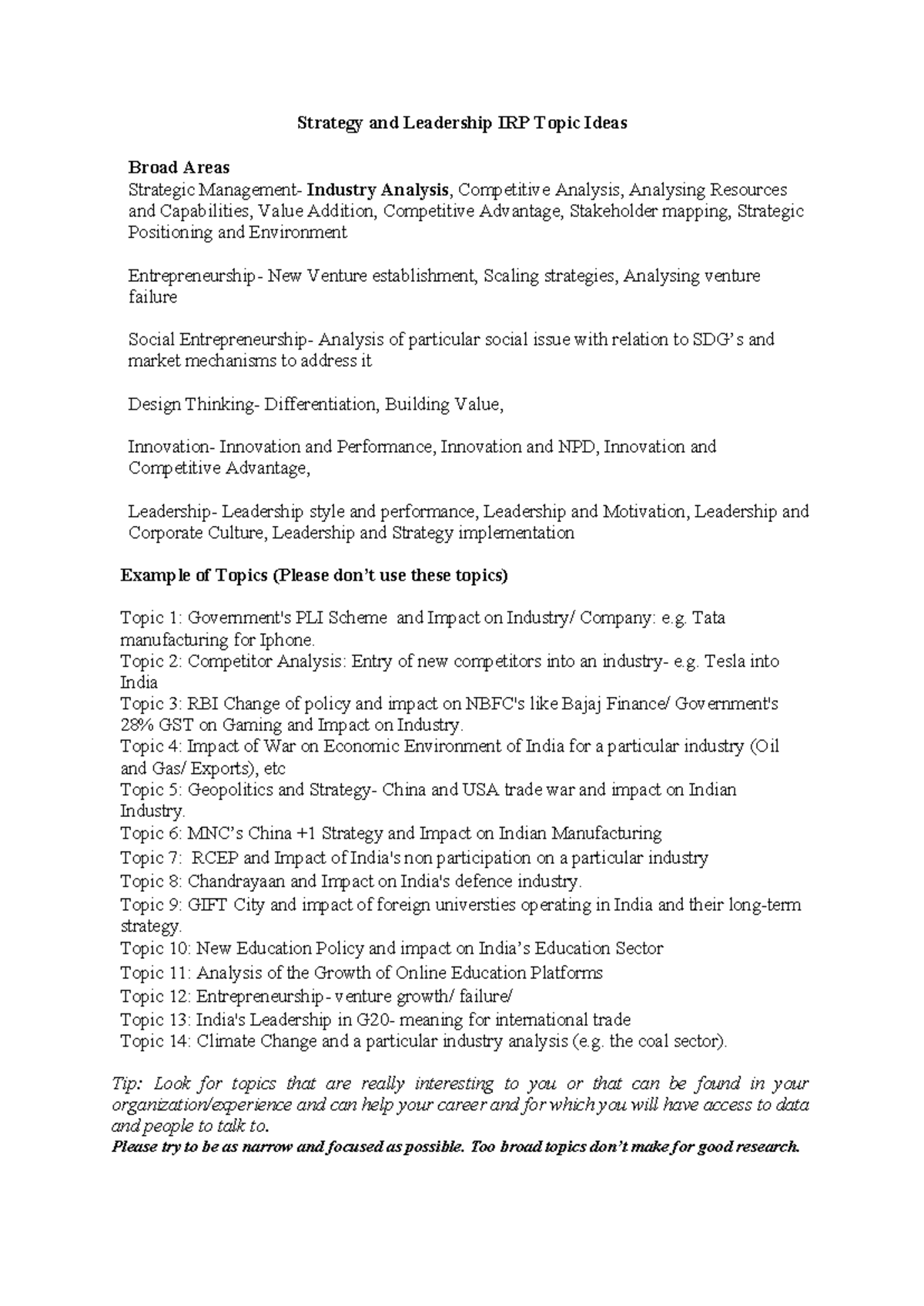 2. Sn L IRP Topics- Broad Areas and Examples - Strategy and Leadership ...