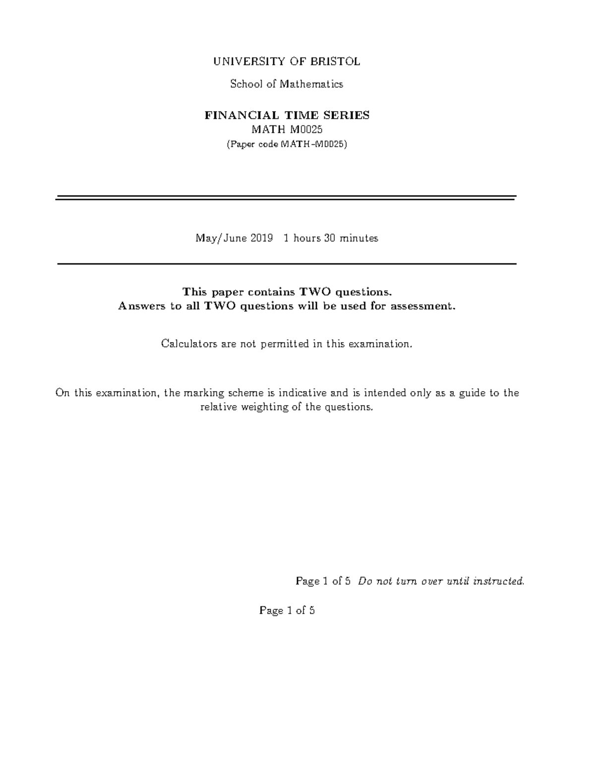Financial Time Series Exam 2019 - UNIVERSITY OF BRISTOL School of ...
