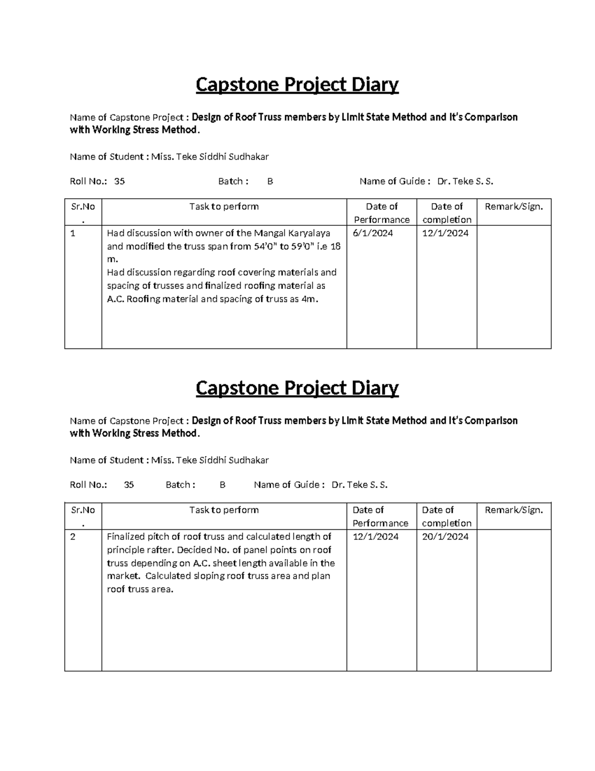Capstone Project Diary - Name of Capstone Project : Design of Roof Truss members by Limit State ...