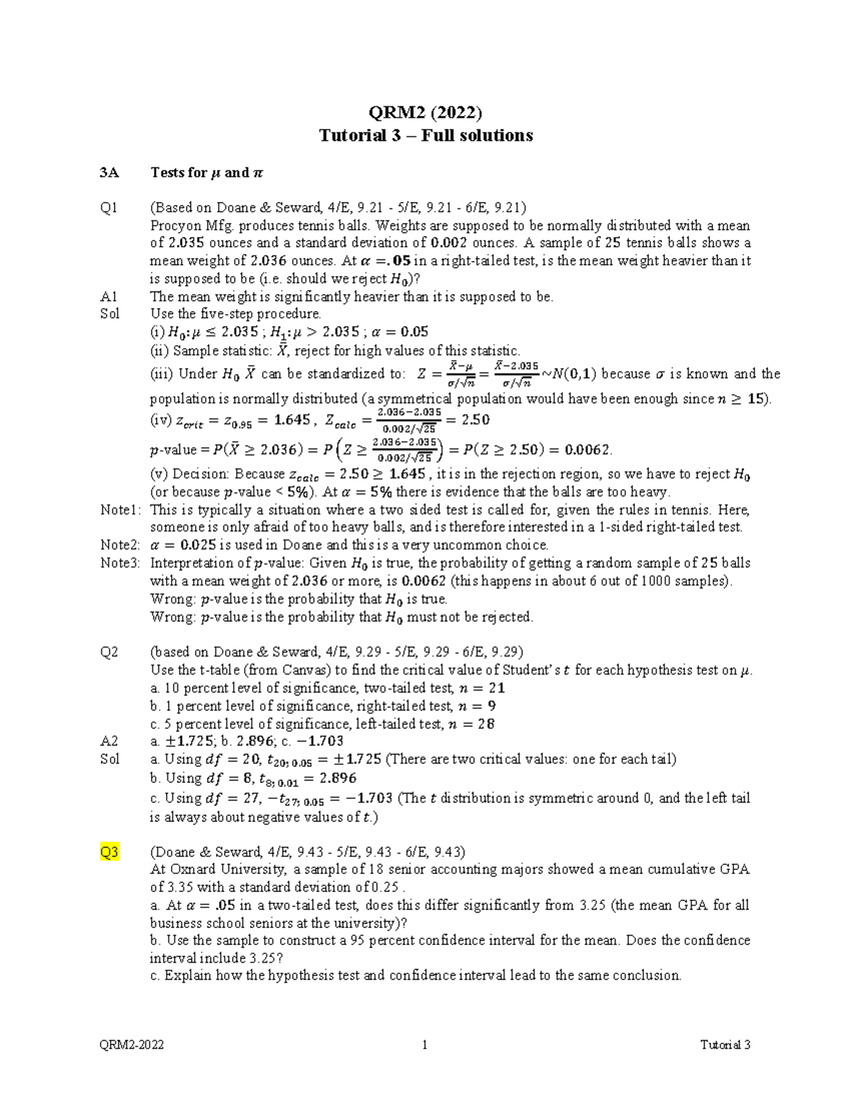 QRM2-2022-fullsolutions 3 - QRM2 (2022) Tutorial 3 – Full solutions 3A ...