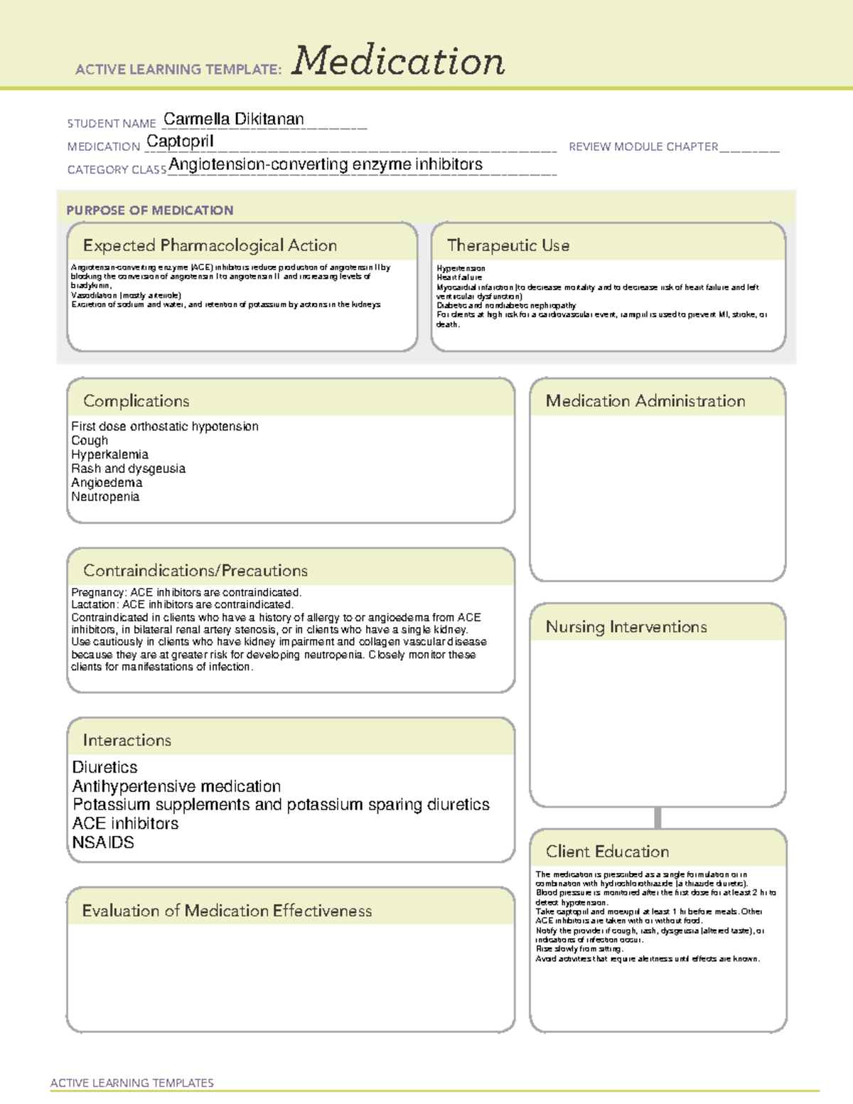 Medication ACE - ACTIVE LEARNING TEMPLATES Medication STUDENT NAME ...