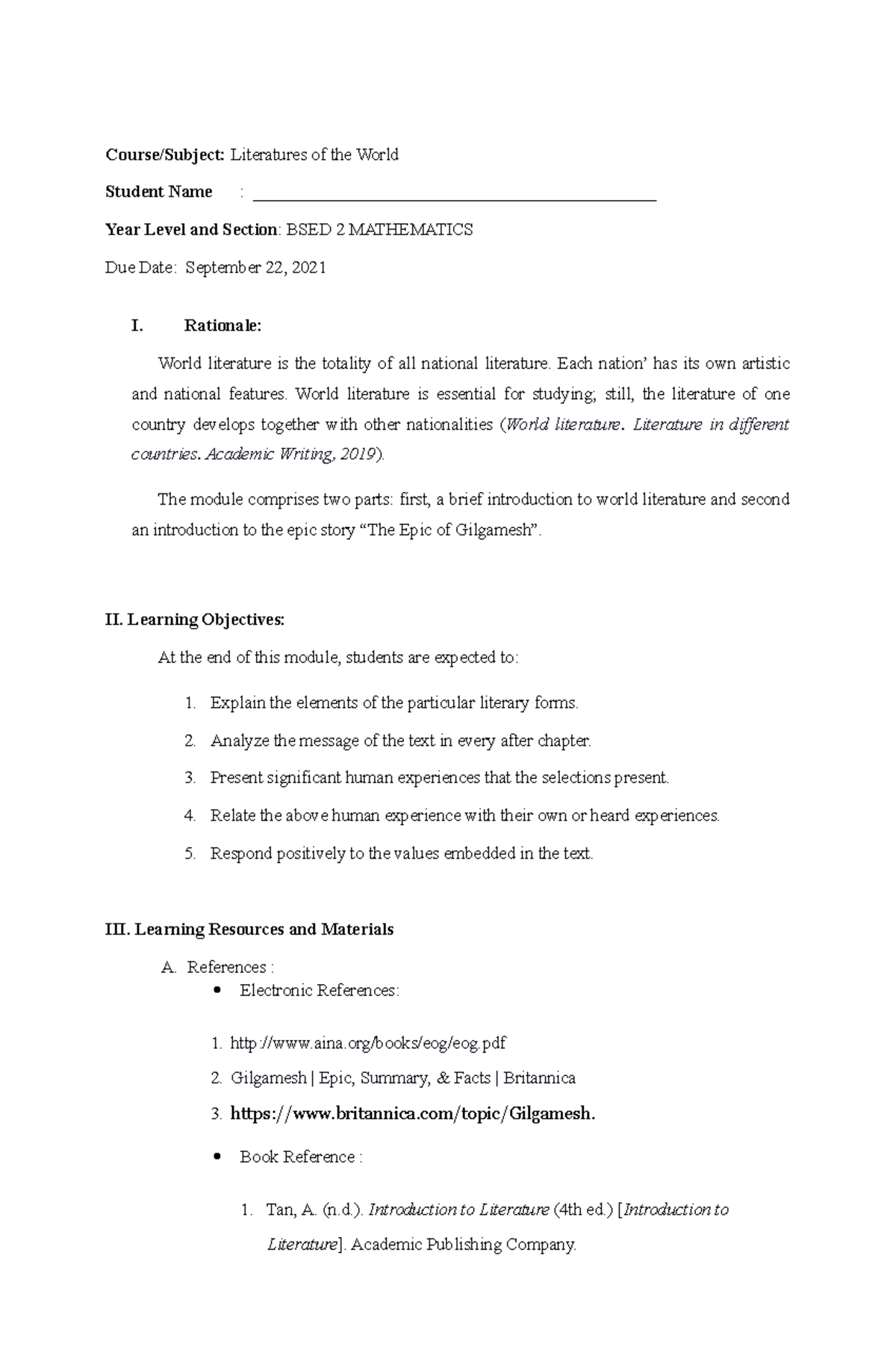 World LIT - module - Course/Subject: Literatures of the World Student ...