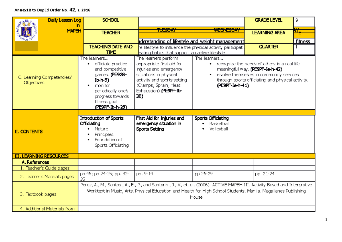 Q1 Grade 9 PE DLL Week 2 - DLL - MONDAY TUESDAY WEDNESDAY THURSDAY I. OBJECTIVES A. Content ...