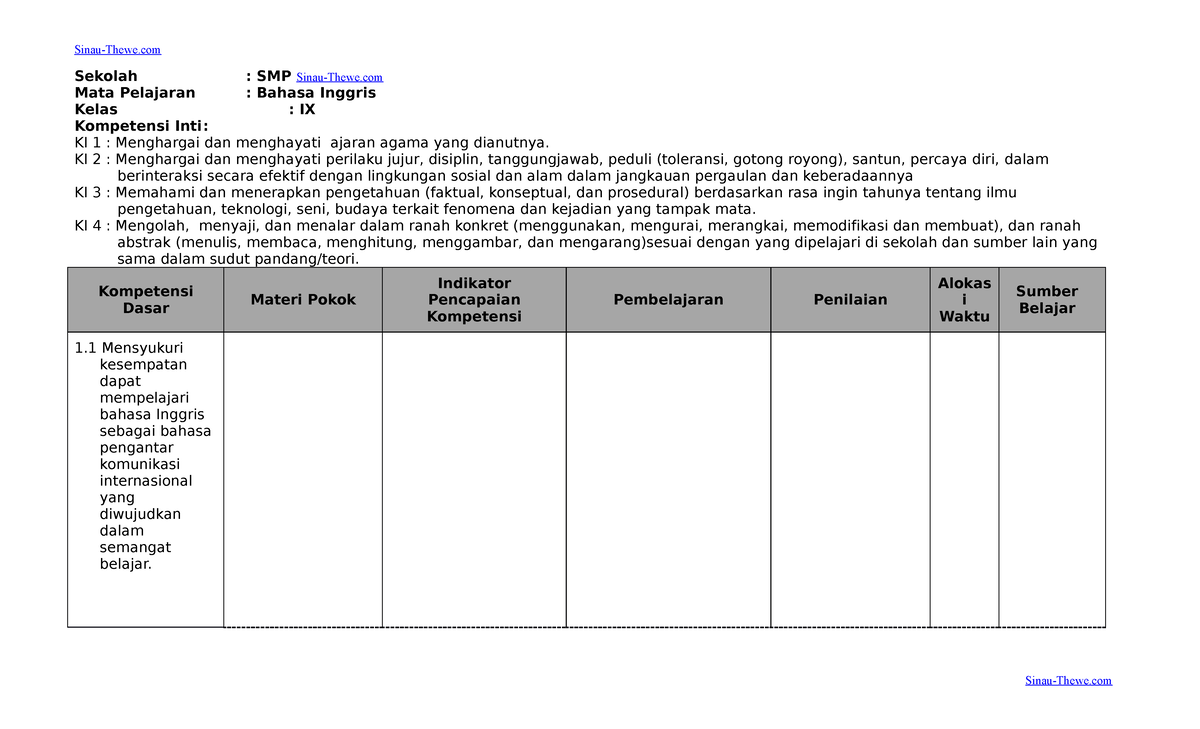 Silabus Bahasa Inggris Kelas 9 Sinau-Thewe - Sekolah : SMP Sinau-Thewe ...