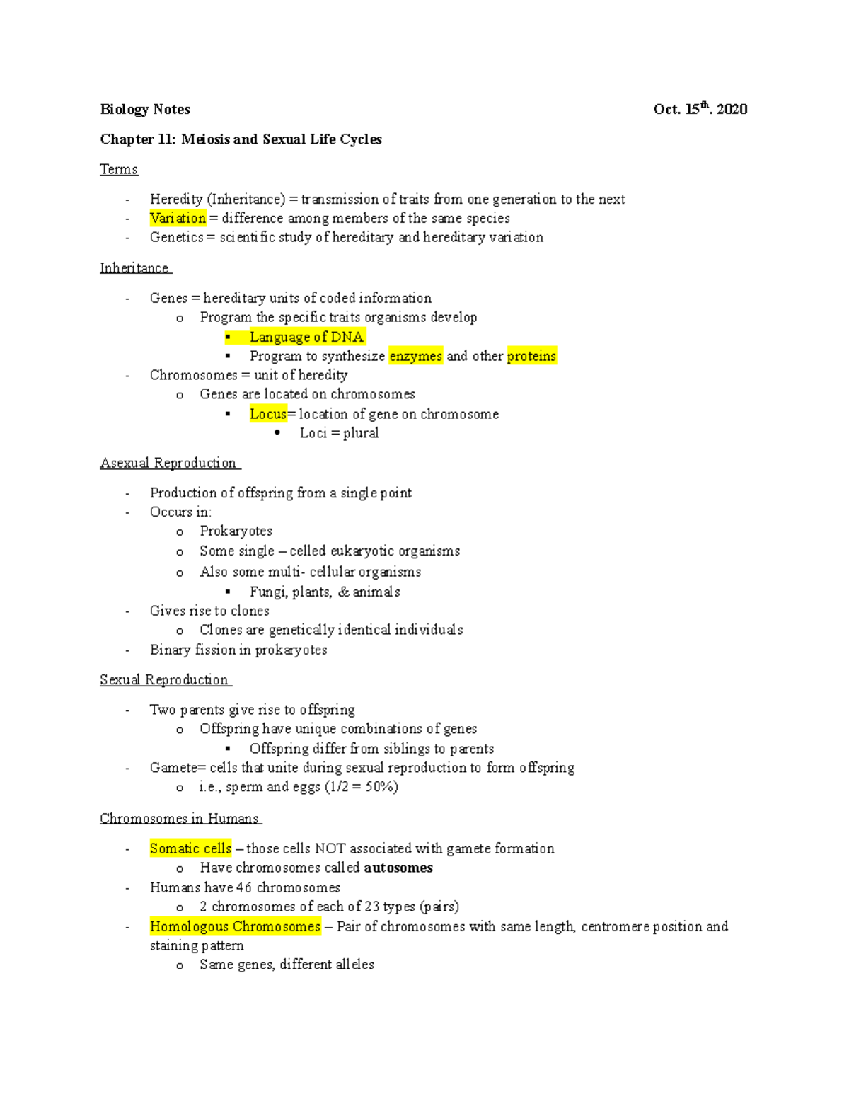 Biology Notes 3 - 15th. 2020 Chapter 11: Meiosis and Sexual Life Cycles ...