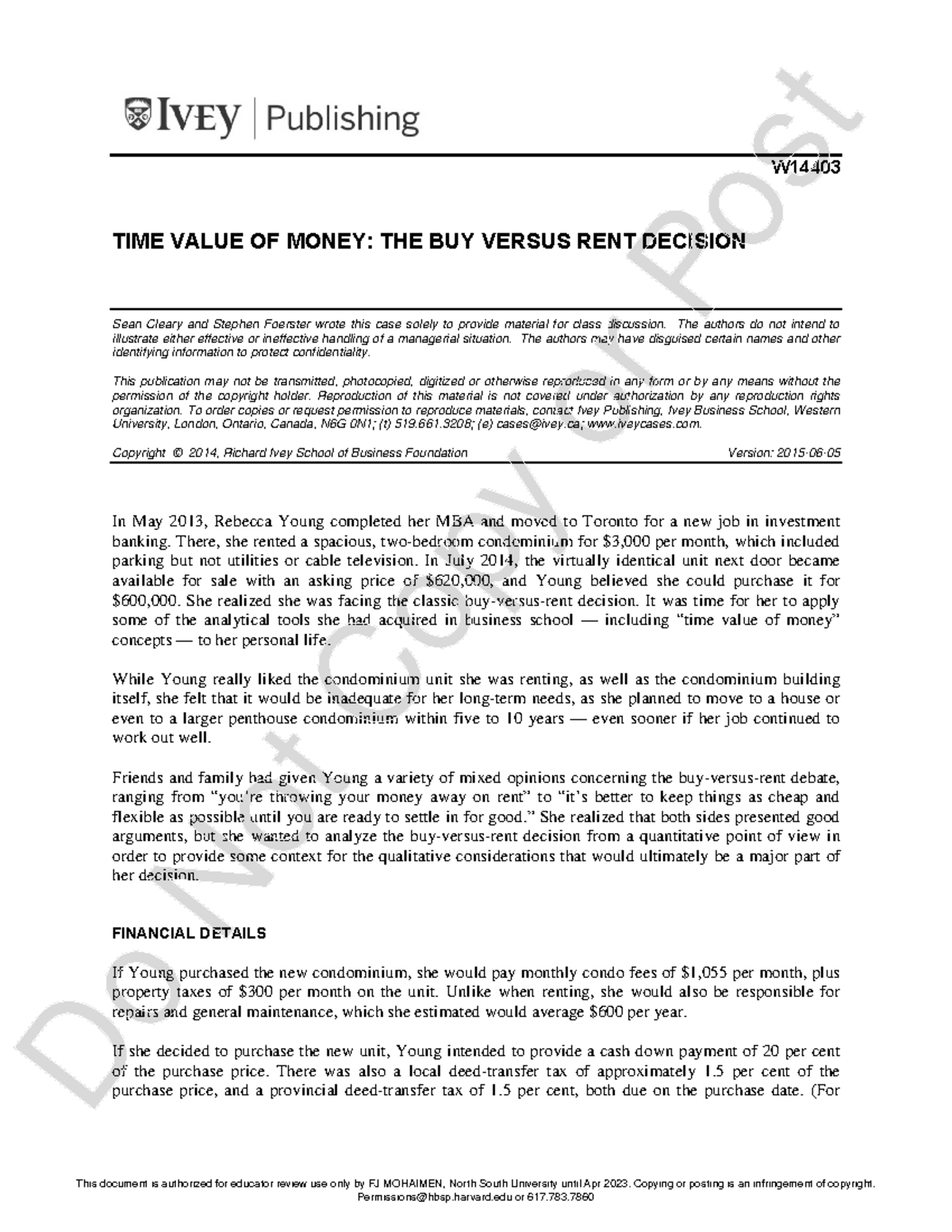 TVM Case Study - W TIME VALUE OF MONEY: THE BUY VERSUS RENT DECISION ...