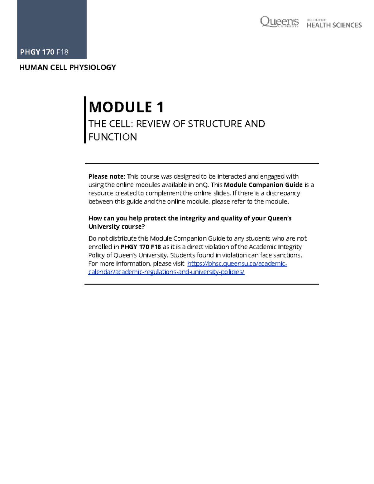 PHGY170 M1 F18 Companion Guide - MODULE 1 THE CELL: REVIEW OF STRUCTURE ...