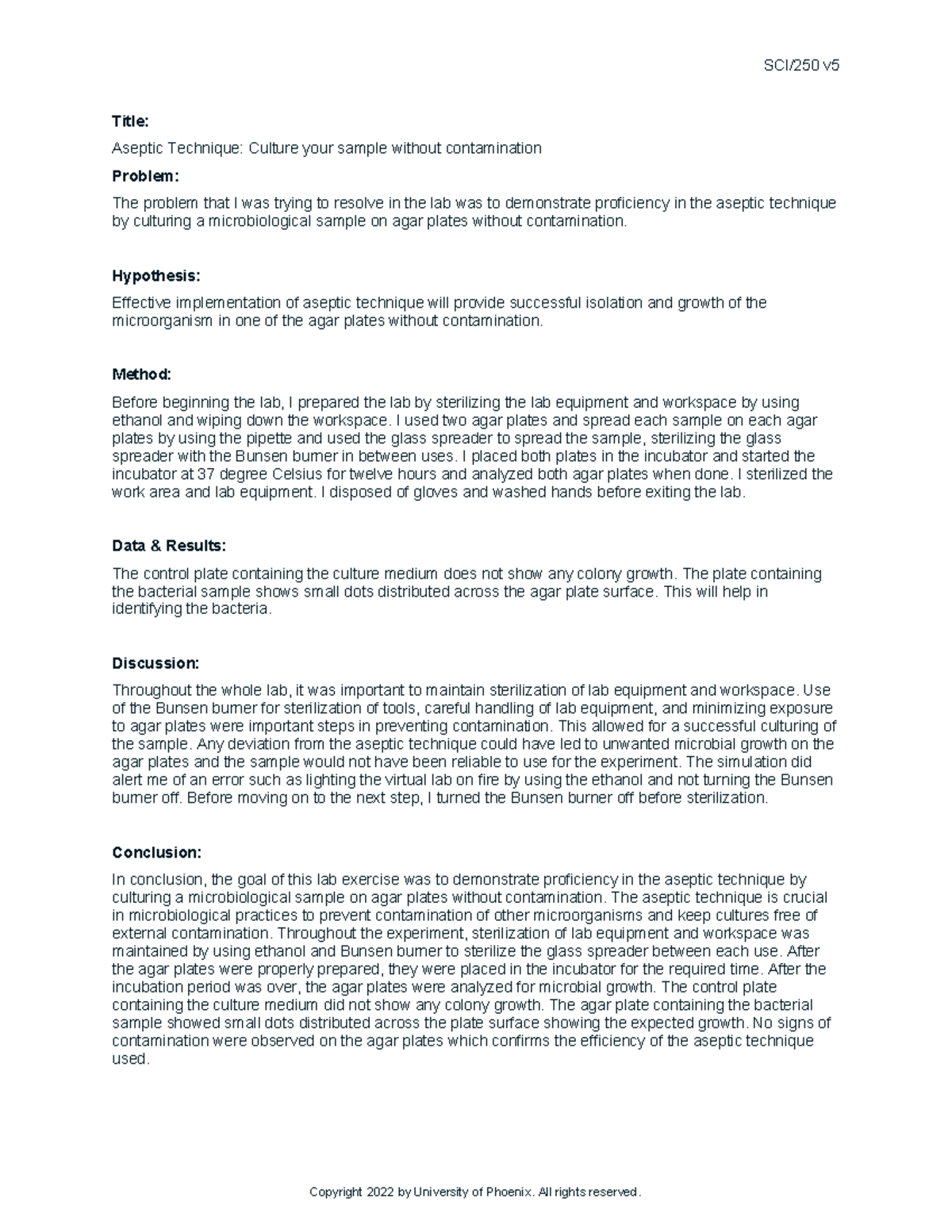 Week 1 Lab Report - SCI/250 v Title: Aseptic Technique: Culture your ...