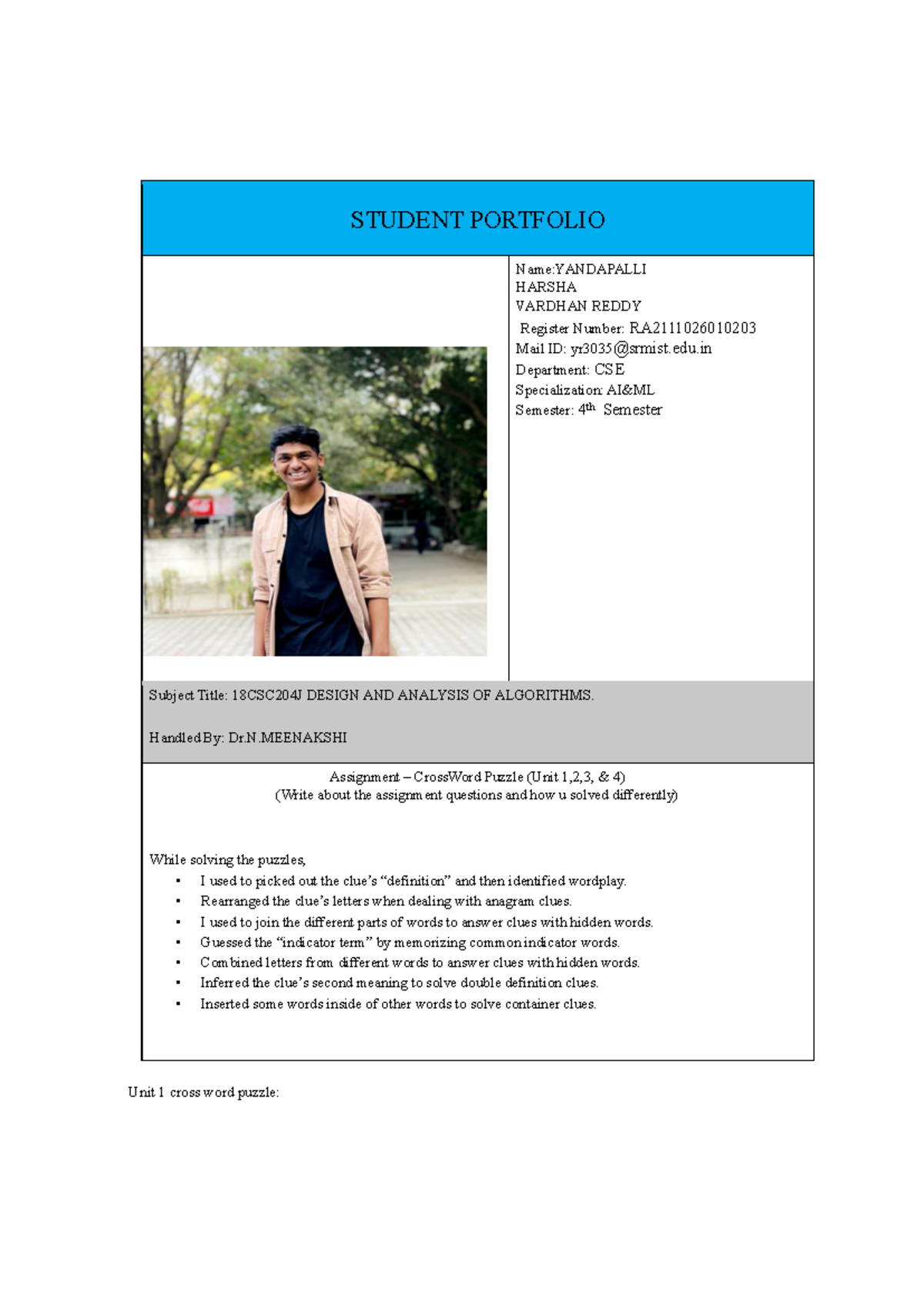 203-DAA Portfolio - STUDENT PORTFOLIO Name:YANDAPALLI HARSHA VARDHAN REDDY Register Number ...