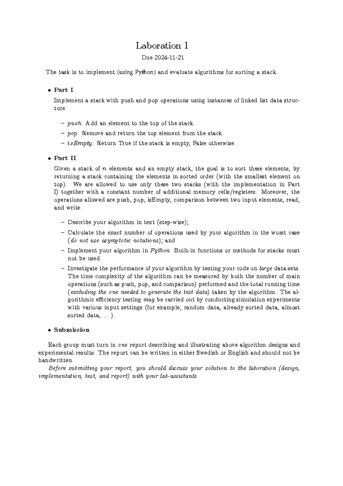Lab1 - Lab1-Uppgift - Laboration 1 Due 2024-11- The task is to ...