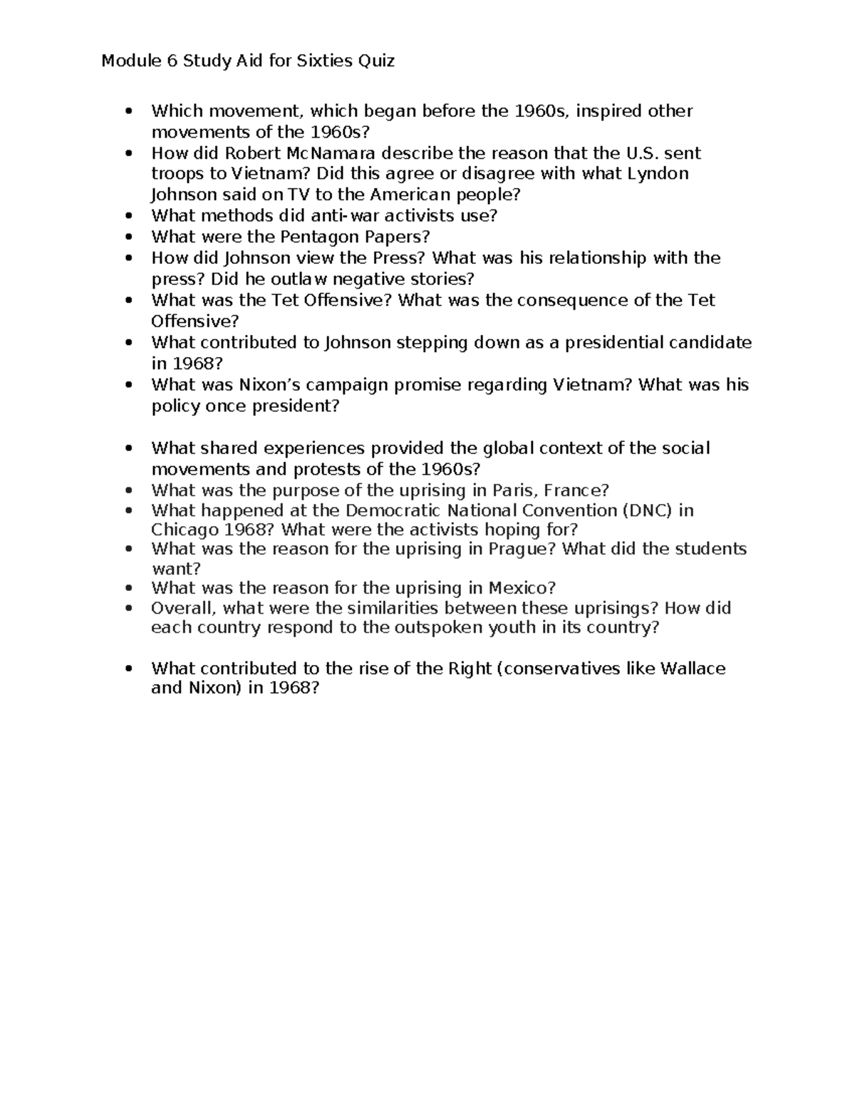 Module 6 Study Aid for The Sixties lesson and quiz - Module 6 Study Aid ...