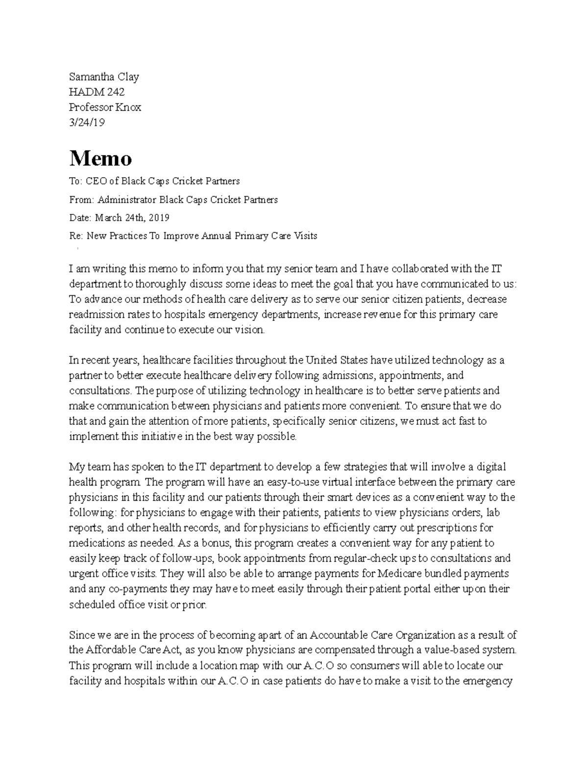HADM 242 Midterm Memo to CEO - Samantha Clay HADM 242 Professor Knox 3 ...