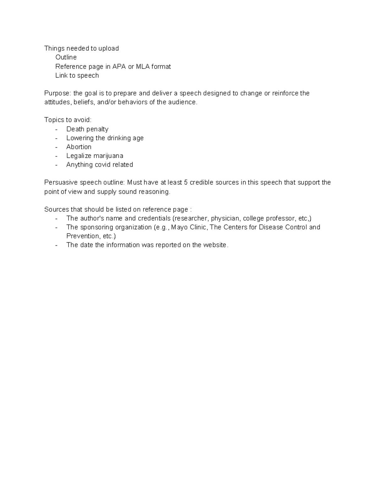 College speech planning - Things needed to upload Outline Reference ...