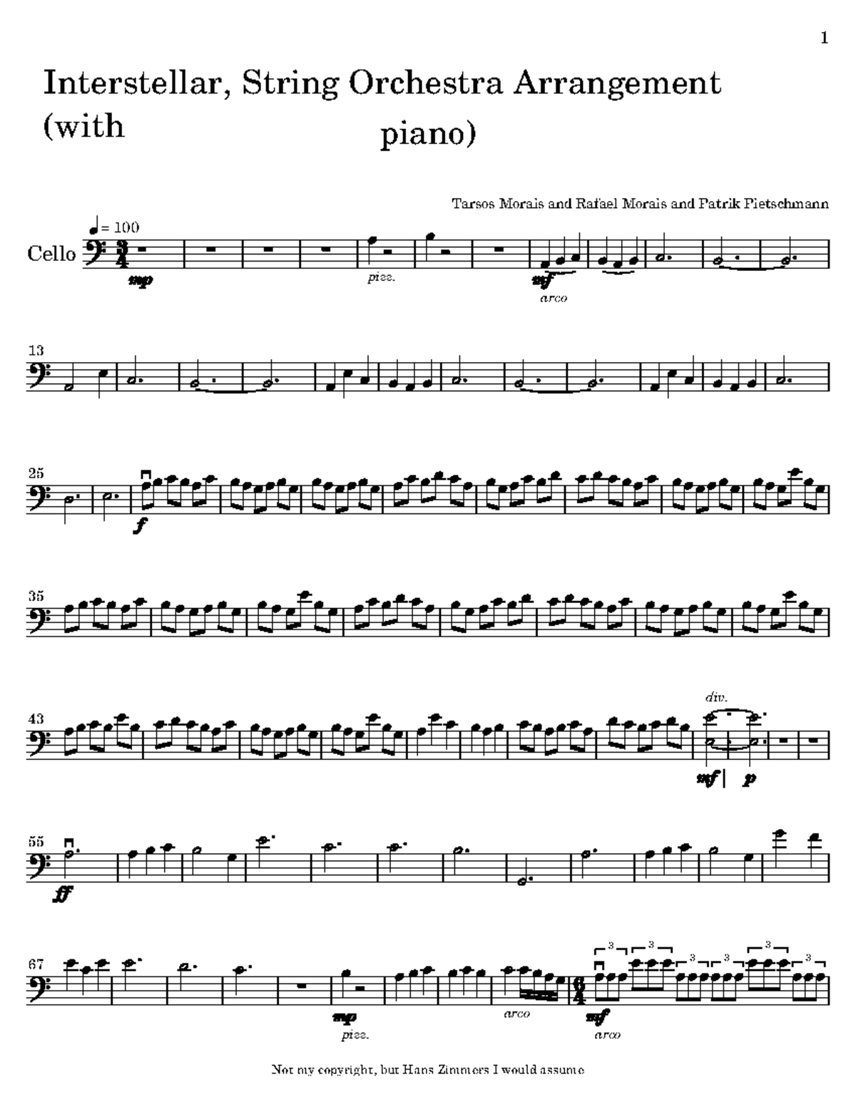 Interstellar, String Orchestra Arrangement (with piano) - Cello 2 - Historia de la música de ...