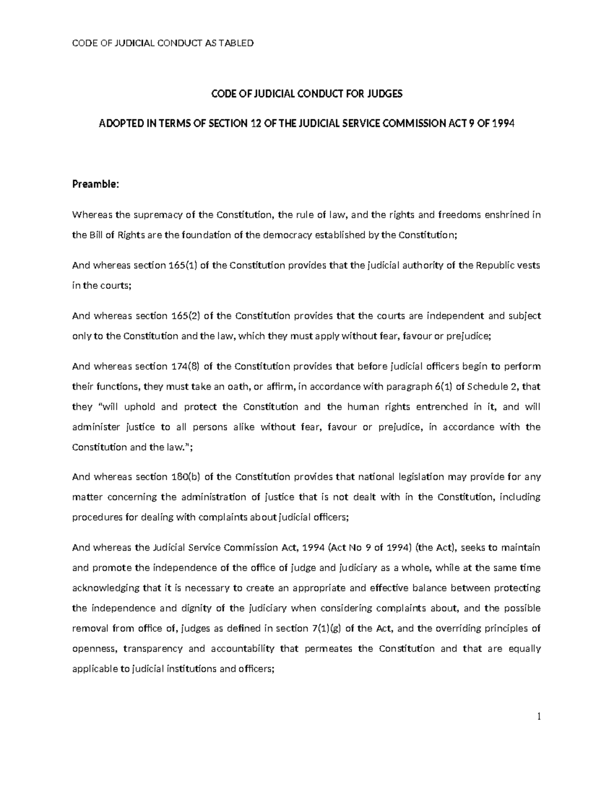 Case On Judicial Notice CODE OF JUDICIAL CONDUCT FOR JUDGES ADOPTED