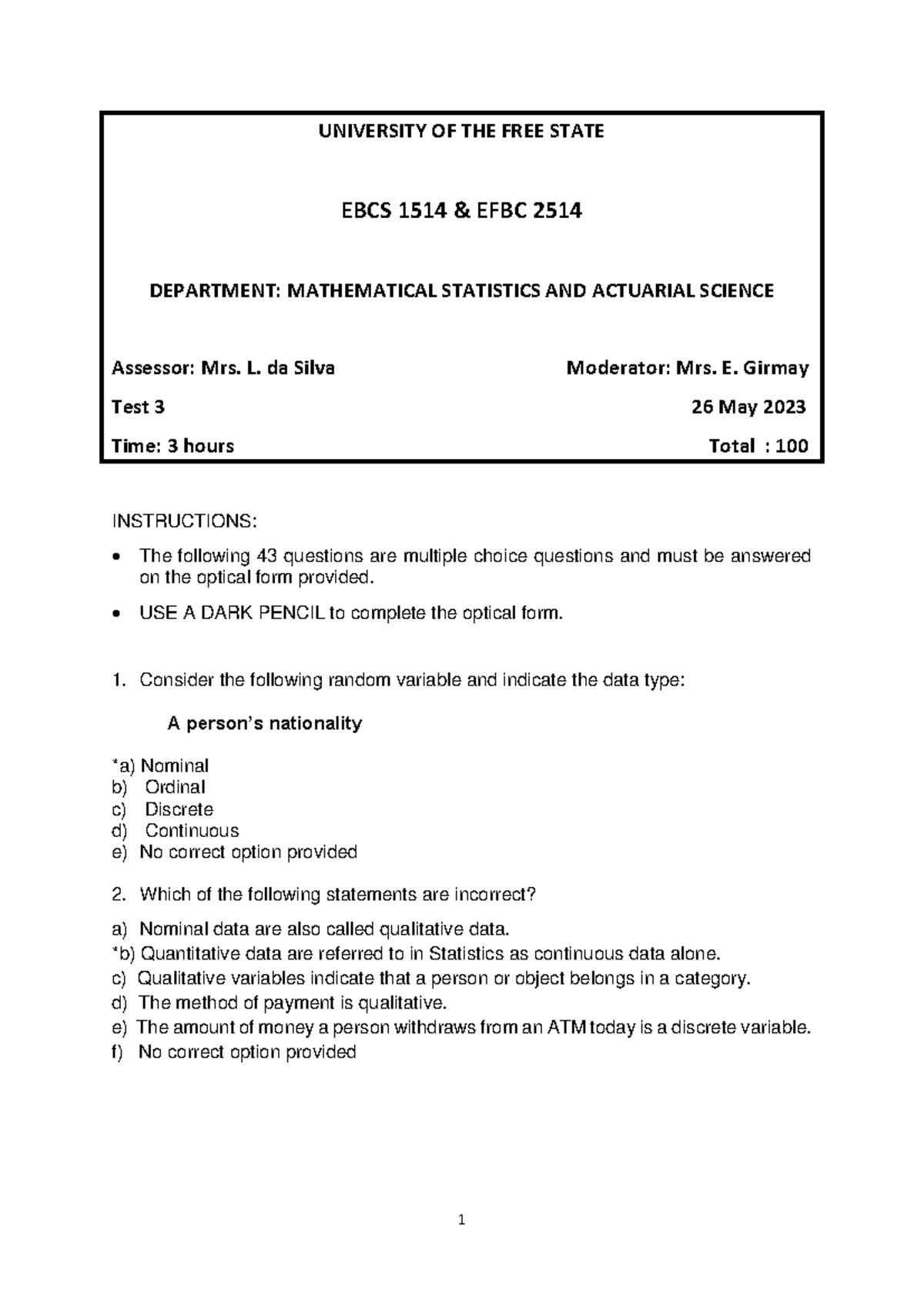 Efbs1514 test3 2023 memo - UNIVERSITY OF THE FREE STATE EBCS 1514 ...