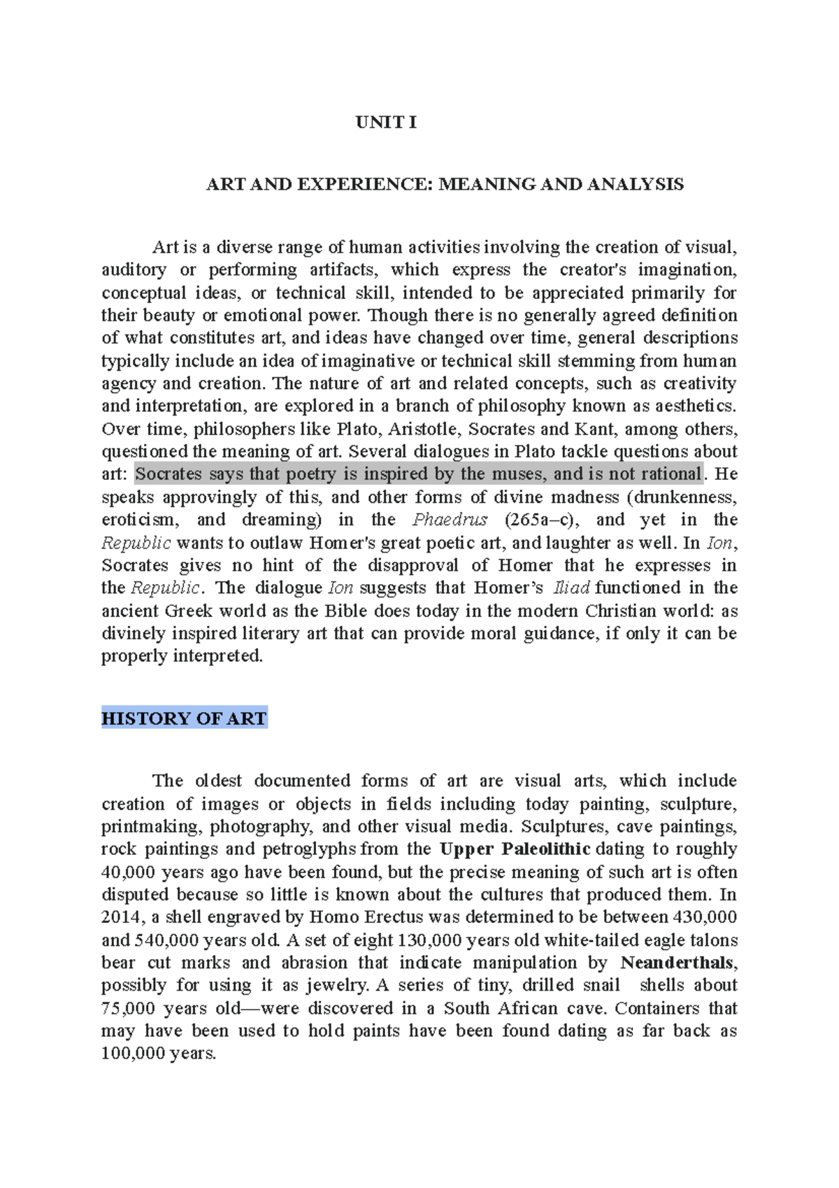 UNIT 1 Notes - UNIT I ART AND EXPERIENCE: MEANING AND ANALYSIS Art is a ...