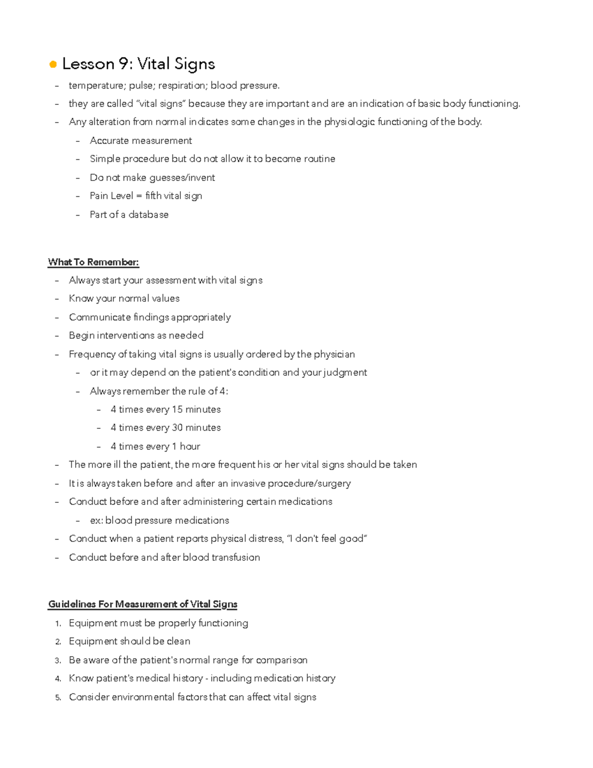 HEALTH ASSESSMENT Lesson 9 - Lesson 9: Vital Signs temperature; pulse ...