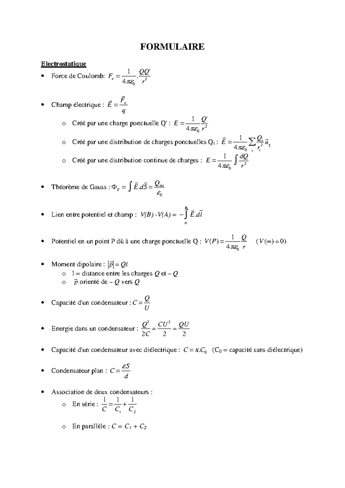 Formulaire physique 2 - FORMULAIRE Electrostatique Force de Coulomb: Fc = 1 4 πε 0 . QQ ' r 2 ...