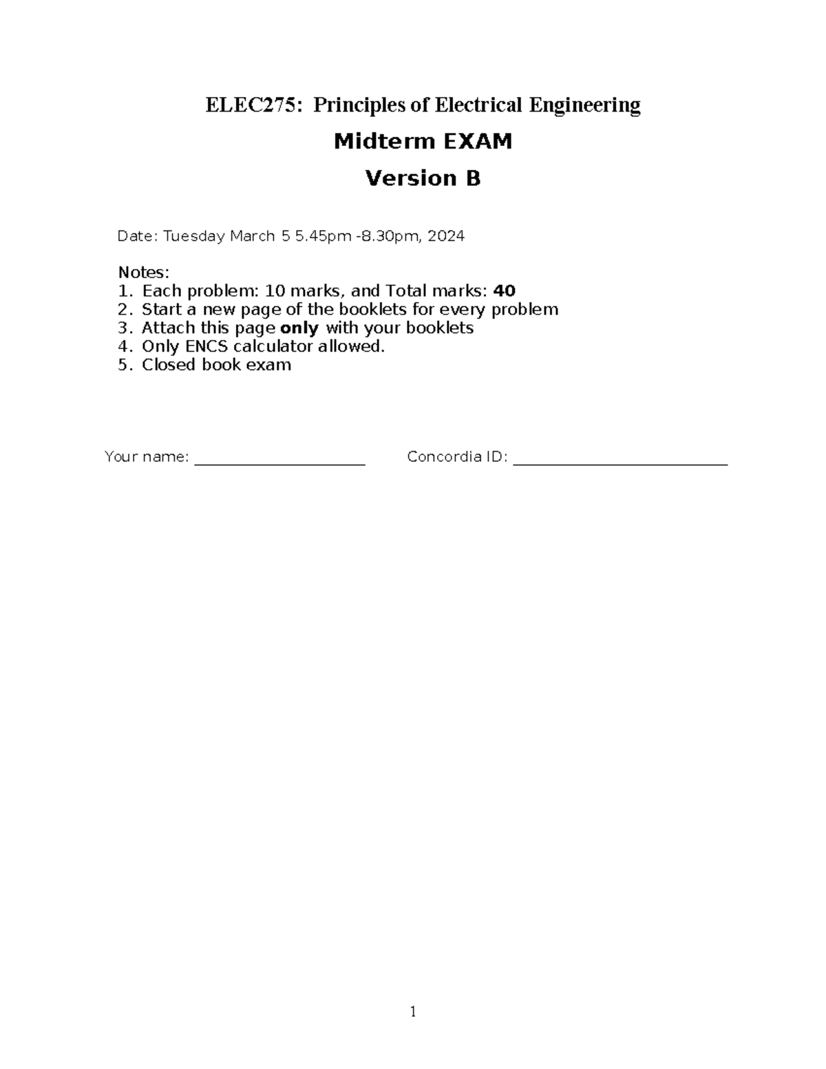 Midterm ELEC 275 Winter 2024 - B - ELEC275: Principles of Electrical Engineering Midterm EXAM ...