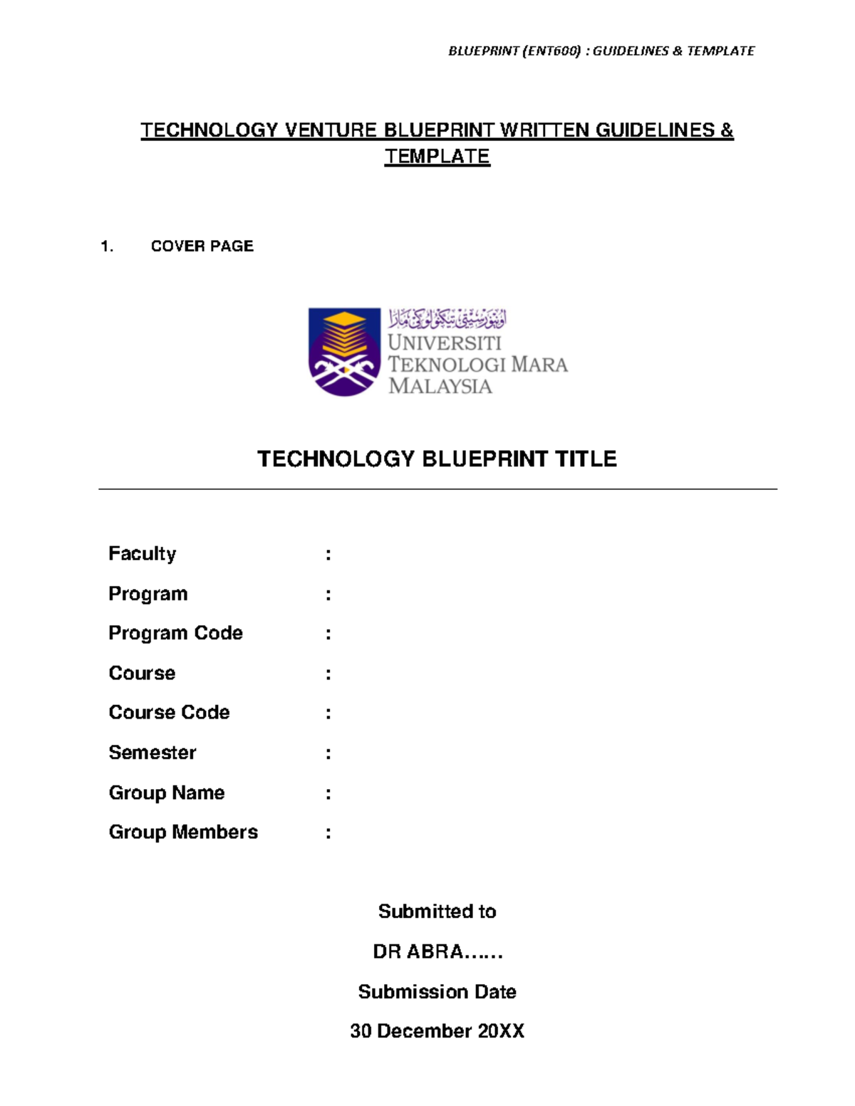 ENT600 Blueprint Guidelines & Template - TECHNOLOGY VENTURE BLUEPRINT ...