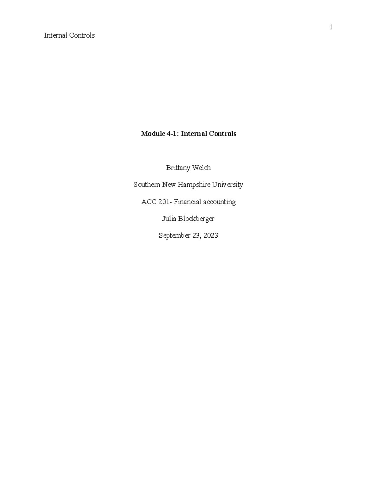 Internal Controls Brittany Welch - Internal Controls Module 4-1 ...